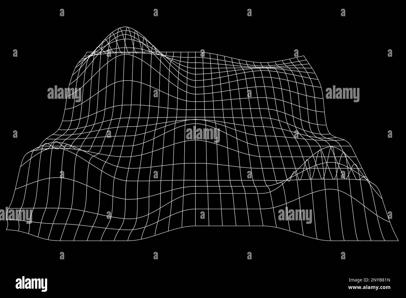 Grid perspective deformation. White terrain wireframe on black background. Relief meshed ...