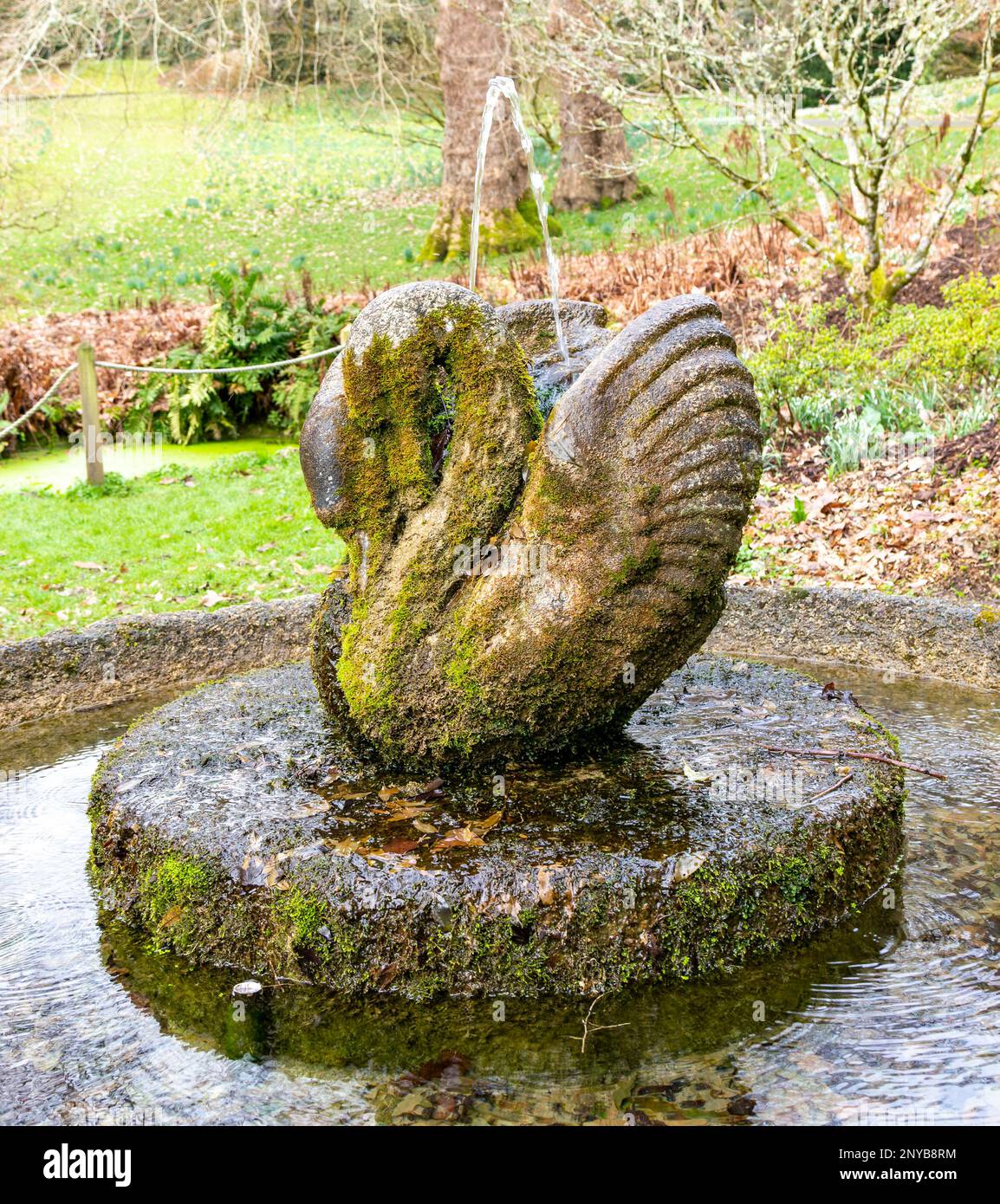 'Swan Fountain' sculpture by Willi Soukop 1950 in garden, Dartington ...