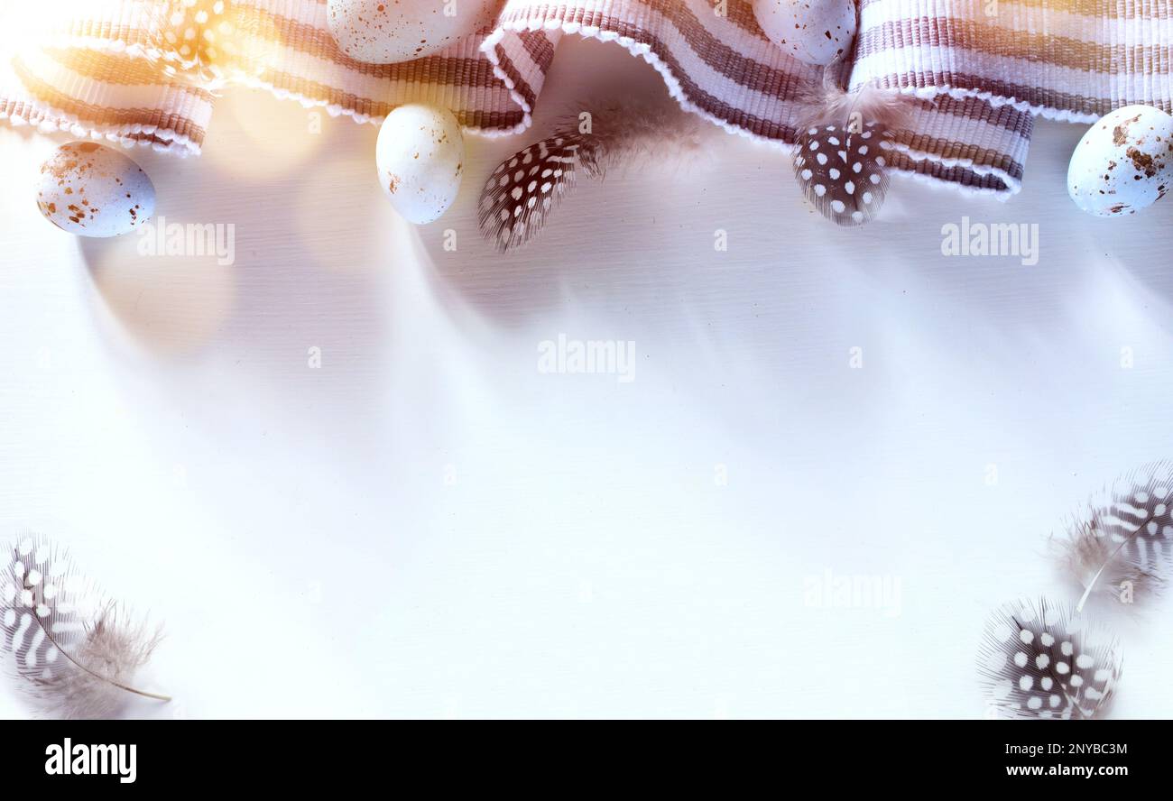 Easter border frame of Easter eggs on holidays table with copy space in ...