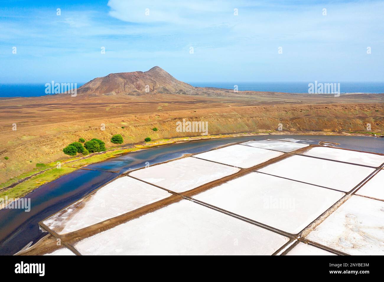 Aerial view of Pedra de Lume salt mines and salt pools on the eastern ...
