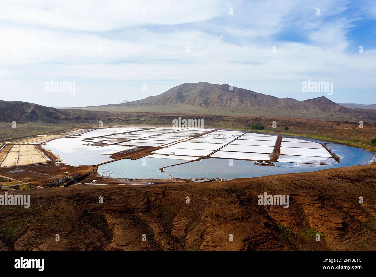Aerial view of Pedra de Lume salt mines and salt pools on the eastern ...
