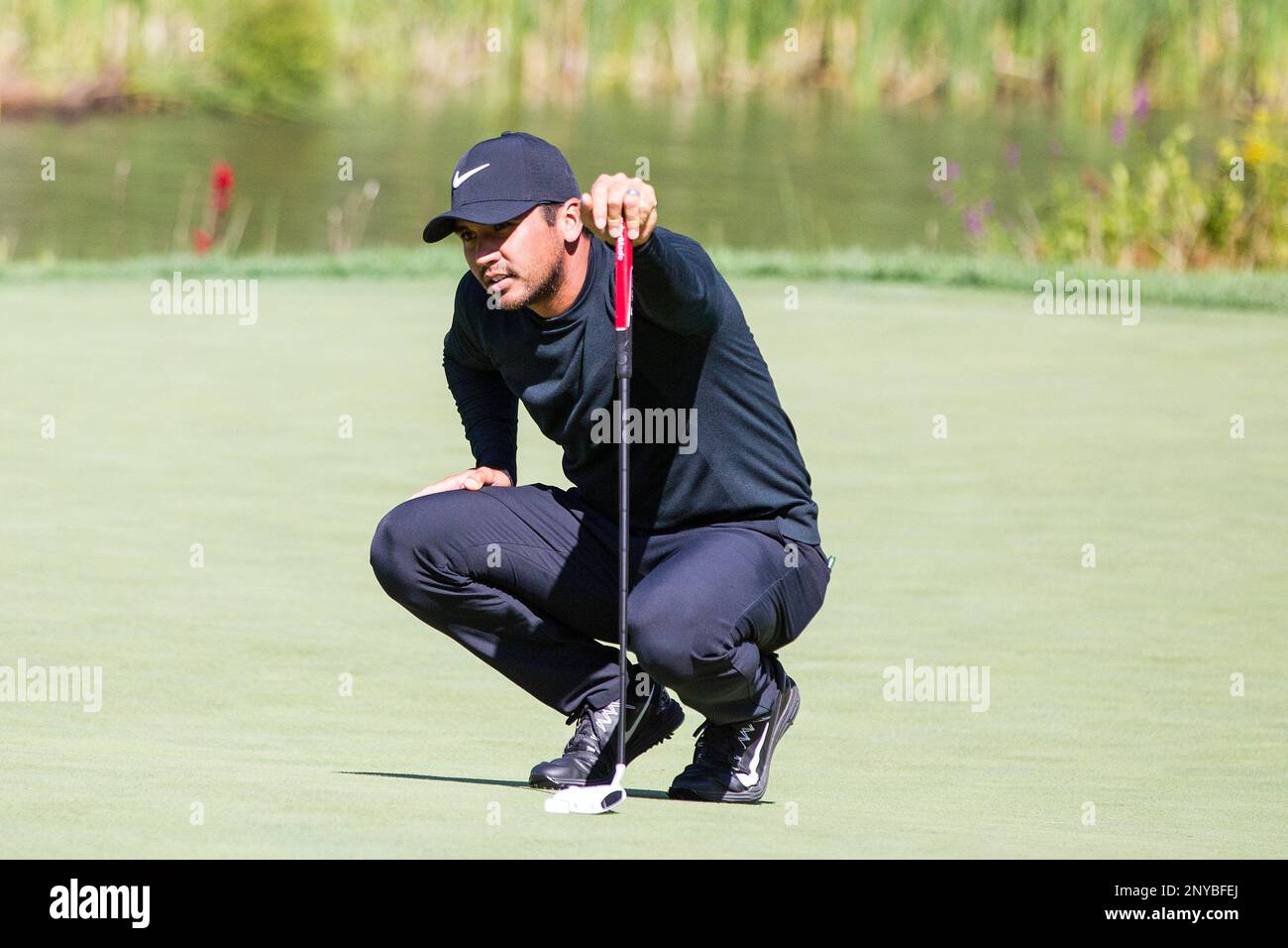 September 1, 2017; Norton, MA, USA; Jason Day lines a putt at the ...