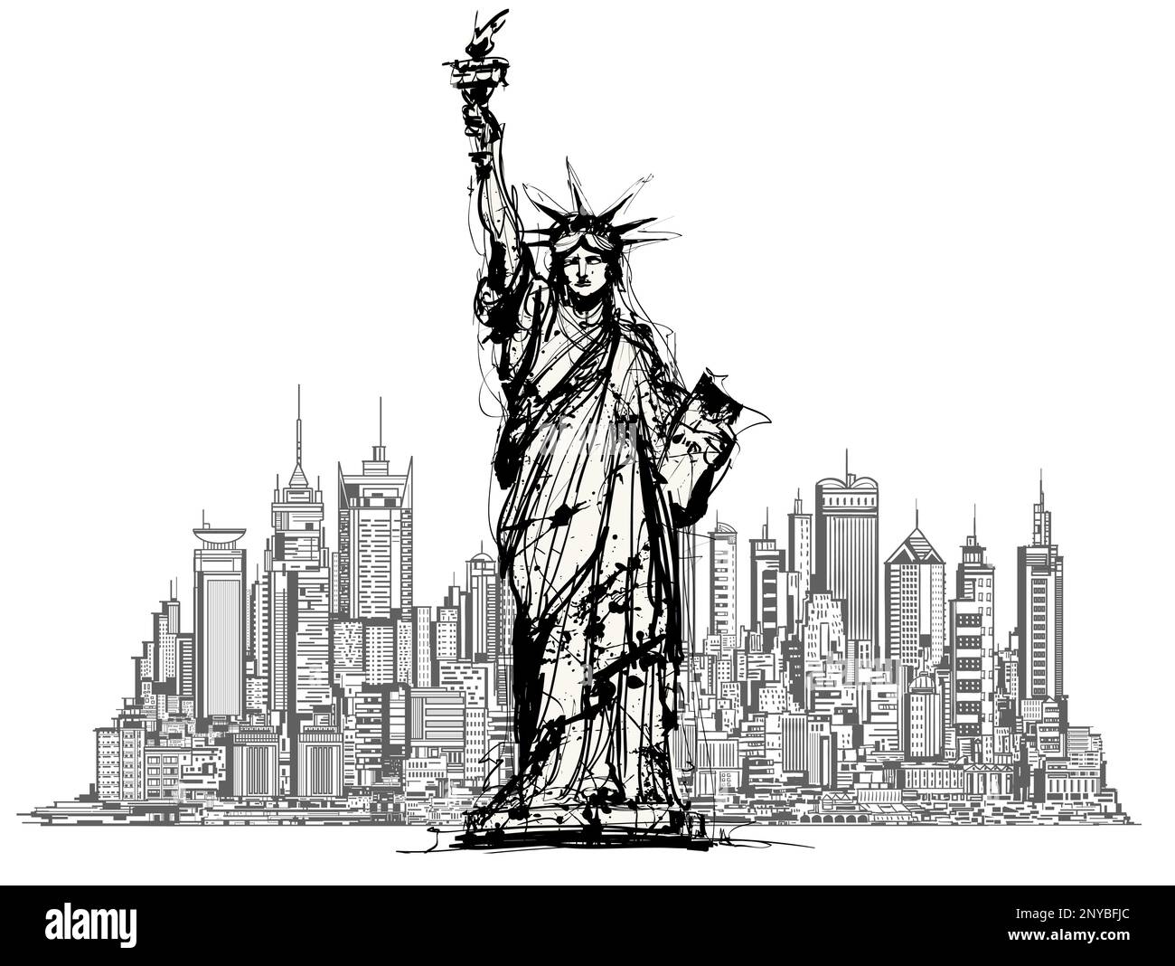 Liberty statue in New York city with manhatttan background, New York ...
