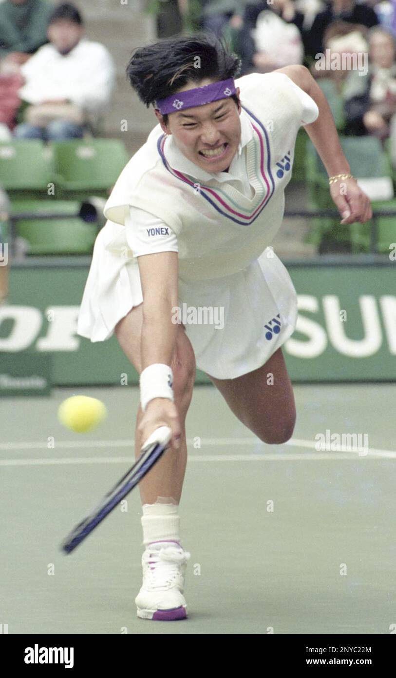 FILE : Japanese tennis player Kimiko Date hits a shot during the Japan ...