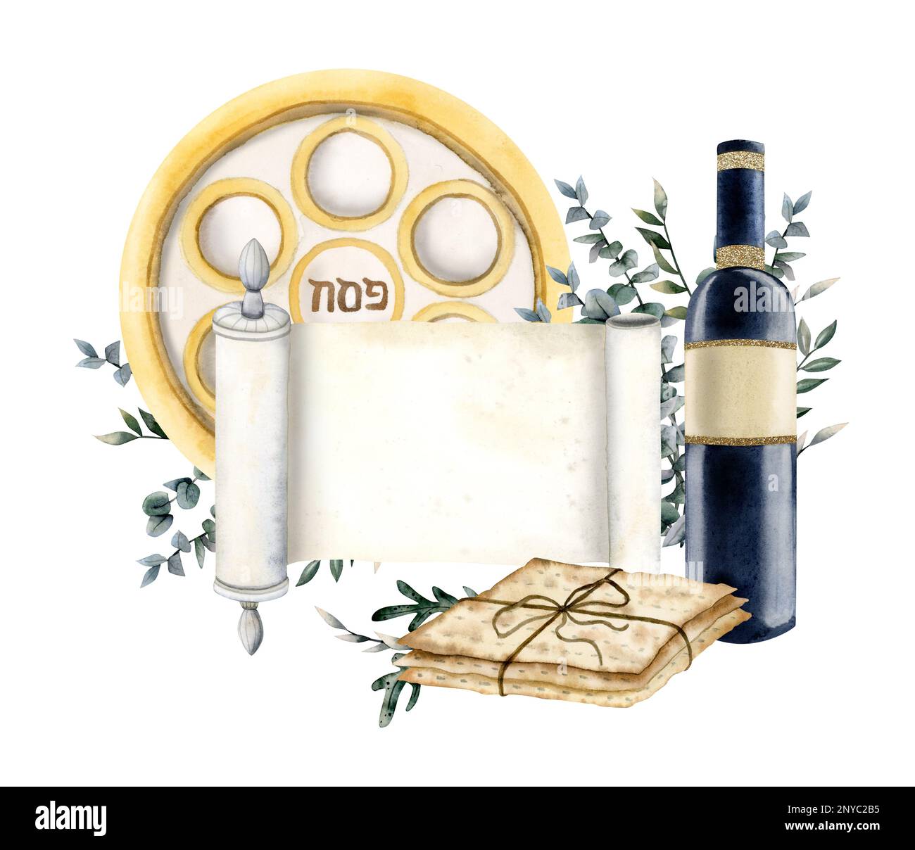 Watercolor Passover greeting template for card, invitation, flyer with ...