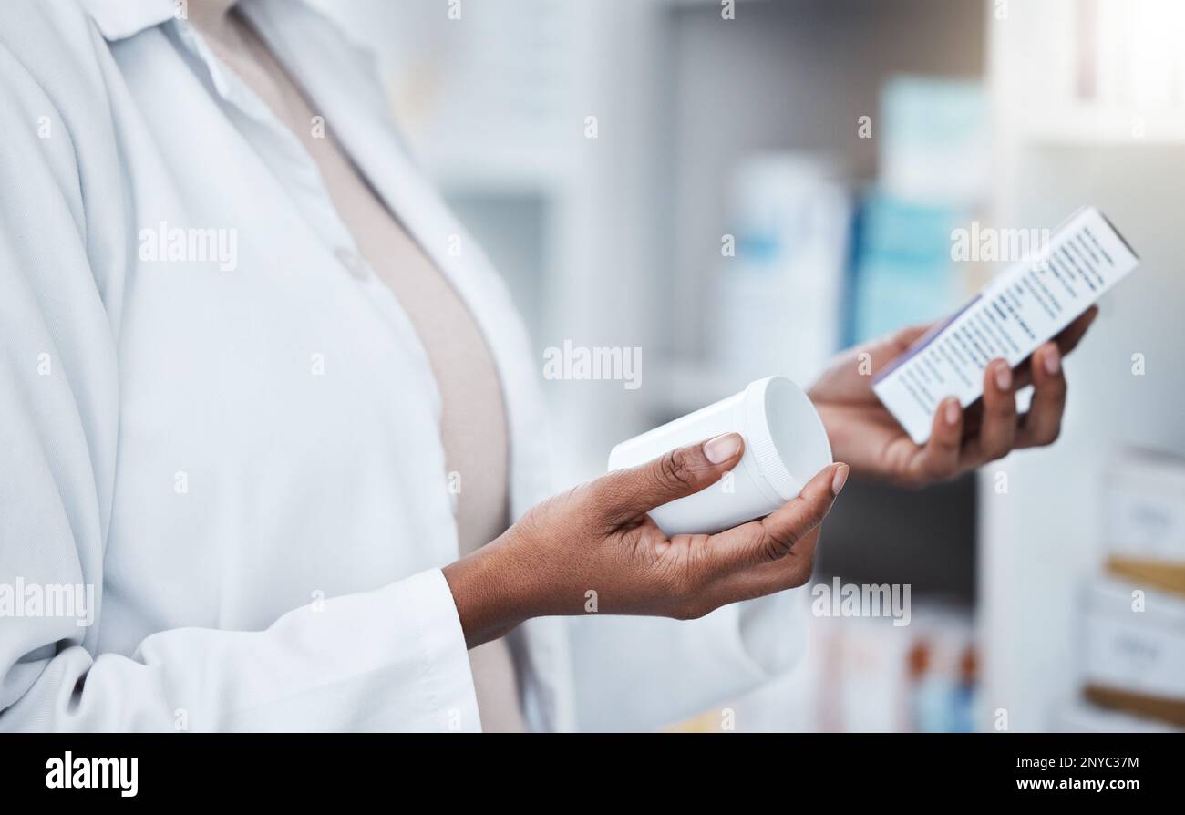 Hands, pharmacy and choice with box, medicine and decision with ...