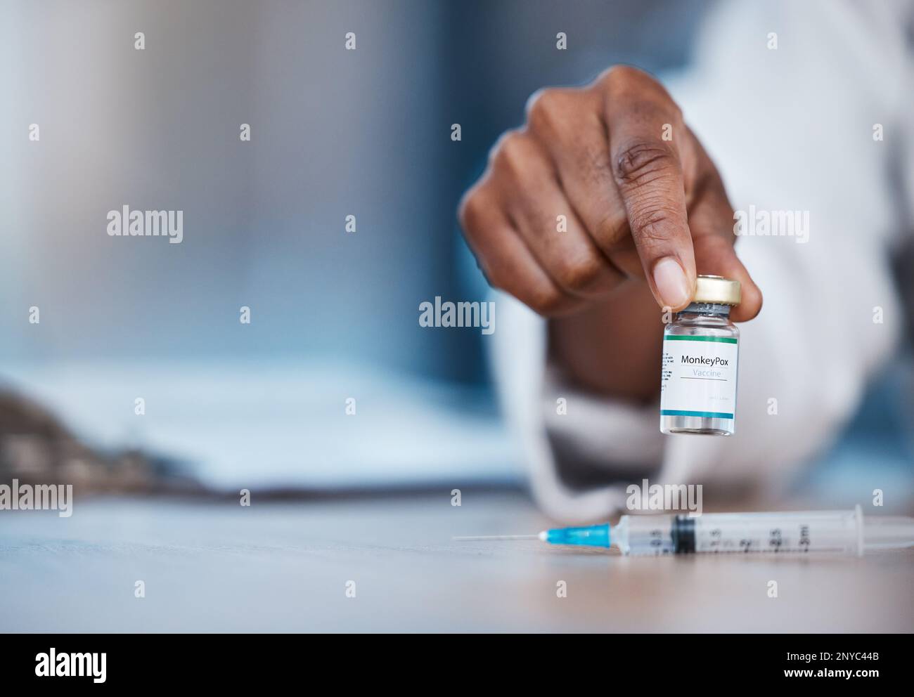 Monkeypox vaccine, medicine and doctor hands with bottle mockup ...