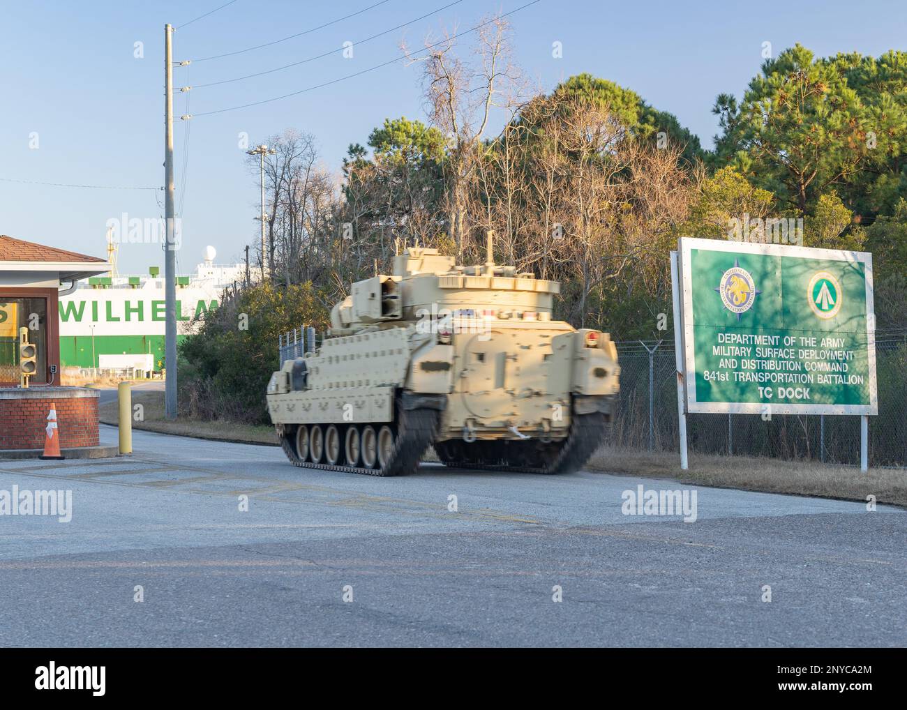 A Bradley Fighting Vehicle drives to the Transportation Core Dock in ...