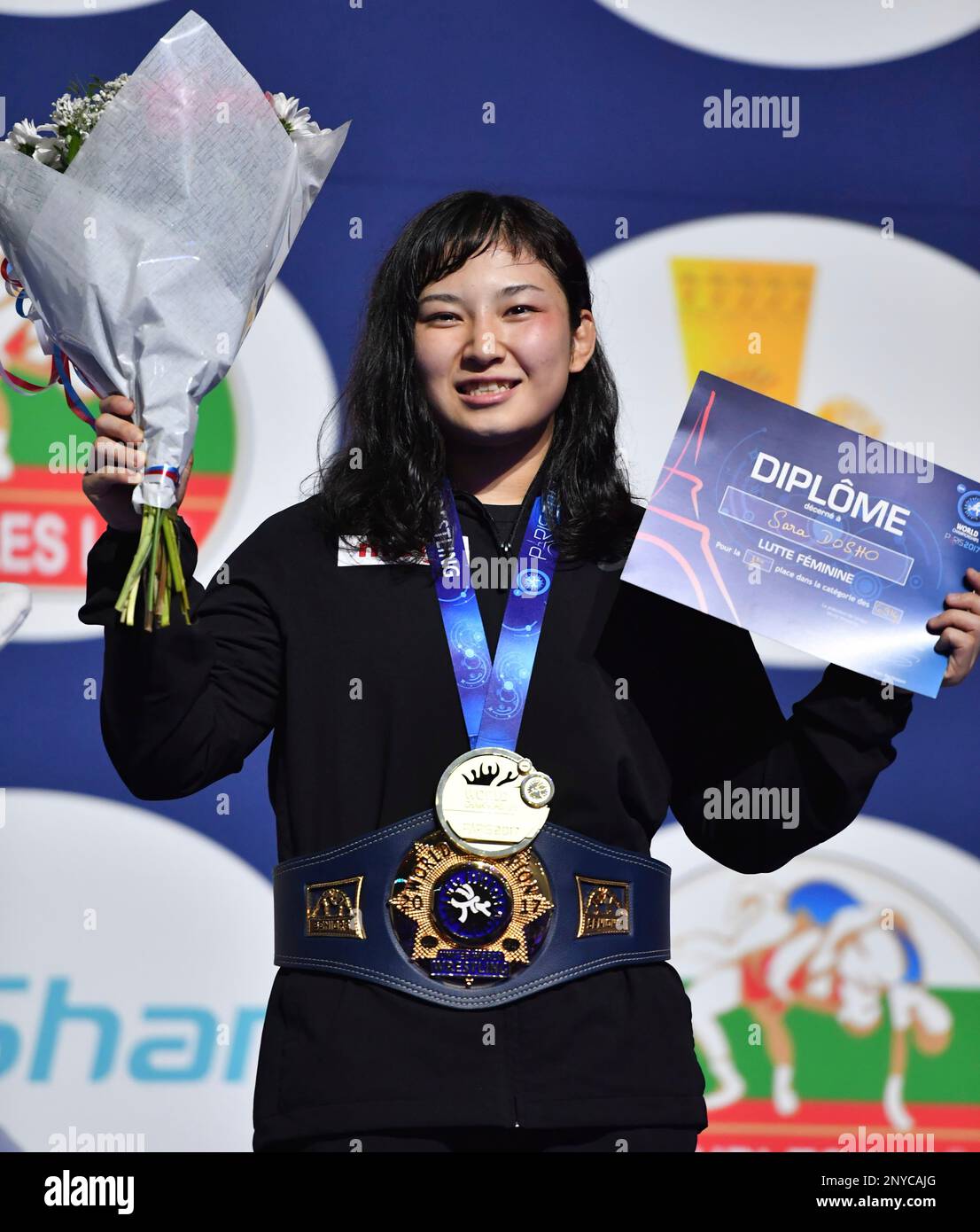 Sara Dosho of Japan celebrates during an award ceremony of the women's ...