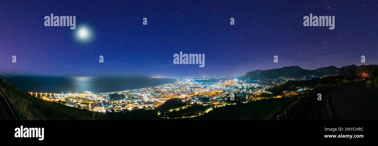 Terracina, Italy. Top View Skyline Cityscape City In Evening Night ...