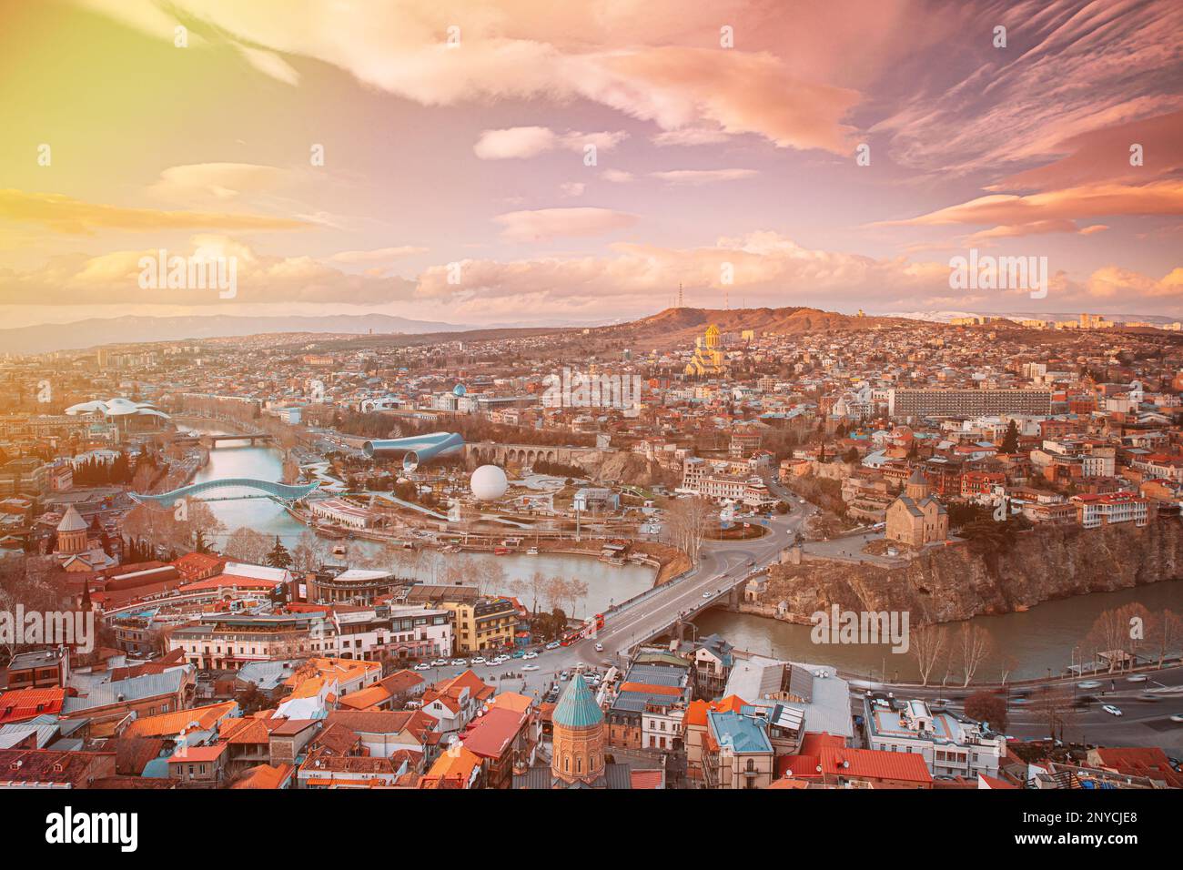 Tbilisi, Georgia. Top View Of Famous Landmarks In spring sunset Evening ...