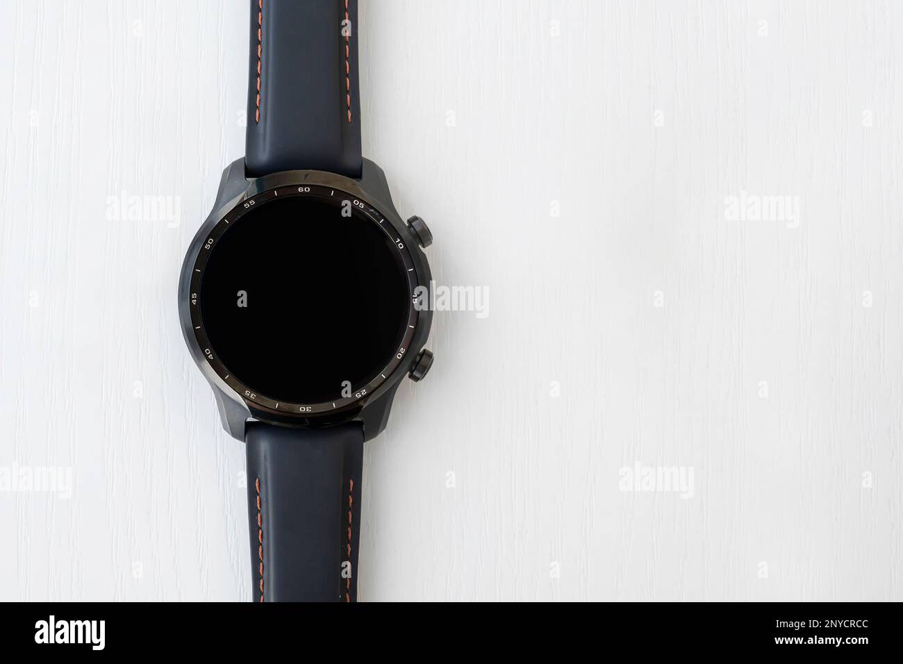 Top view of black smartwatch with empty touch screen display. Fitness ...