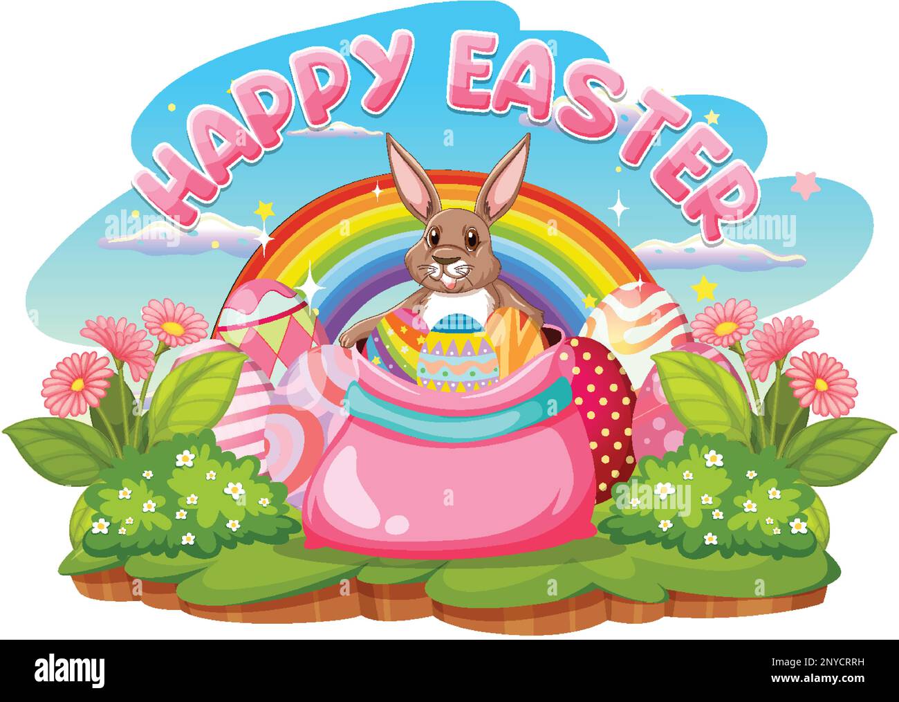 Happy Easter Day with Cute Bunny and Colourful Eggs illustration Stock ...