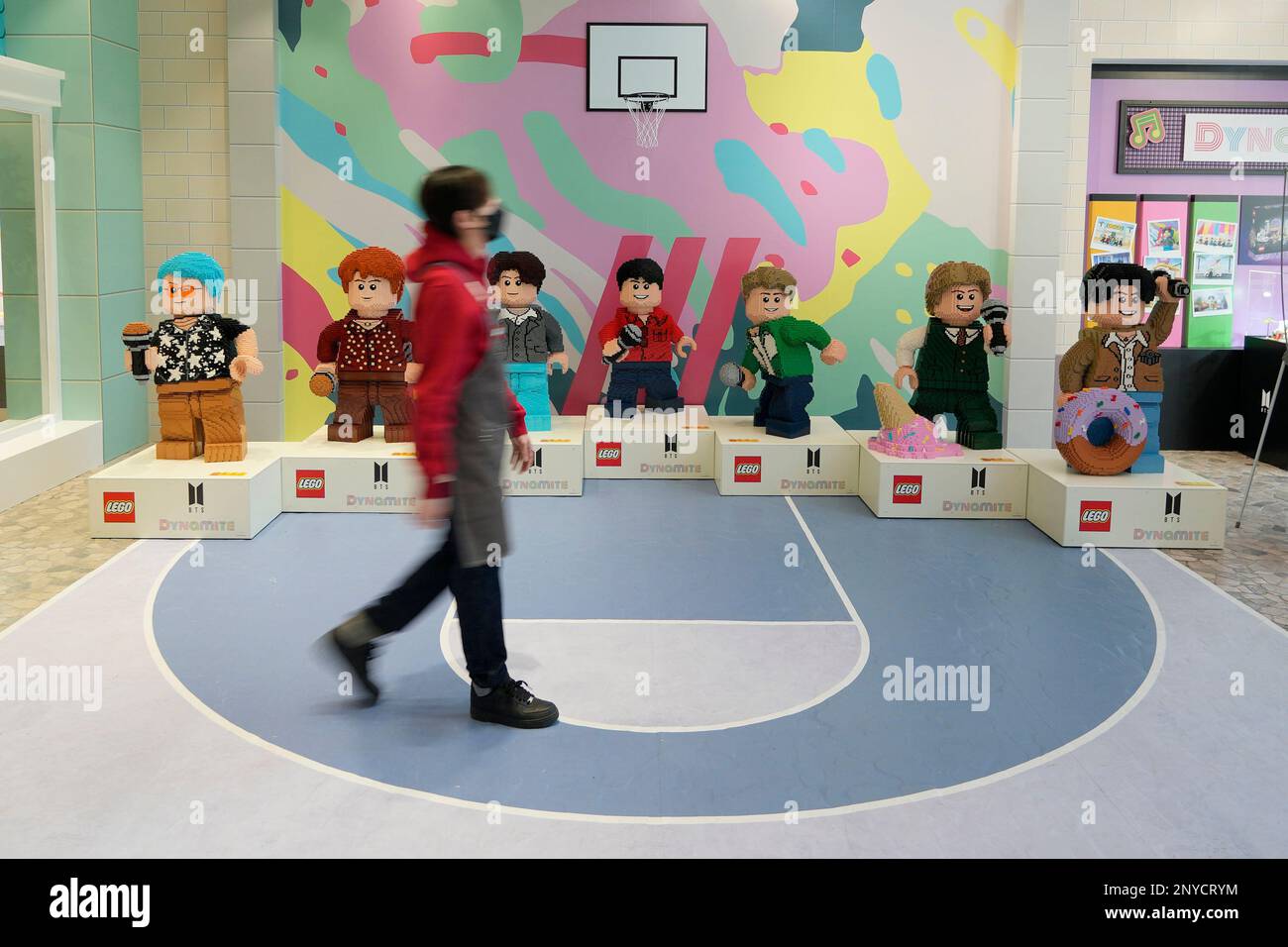 A LEGO set made of its blocks featuring K-pop band BTS, is displayed ...