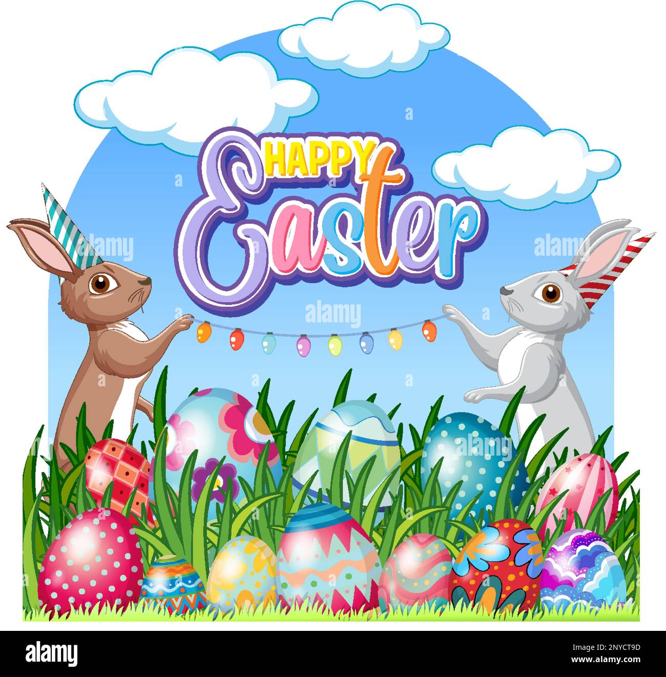Happy Easter Poster with Cute Bunny and Colourful Eggs illustration ...