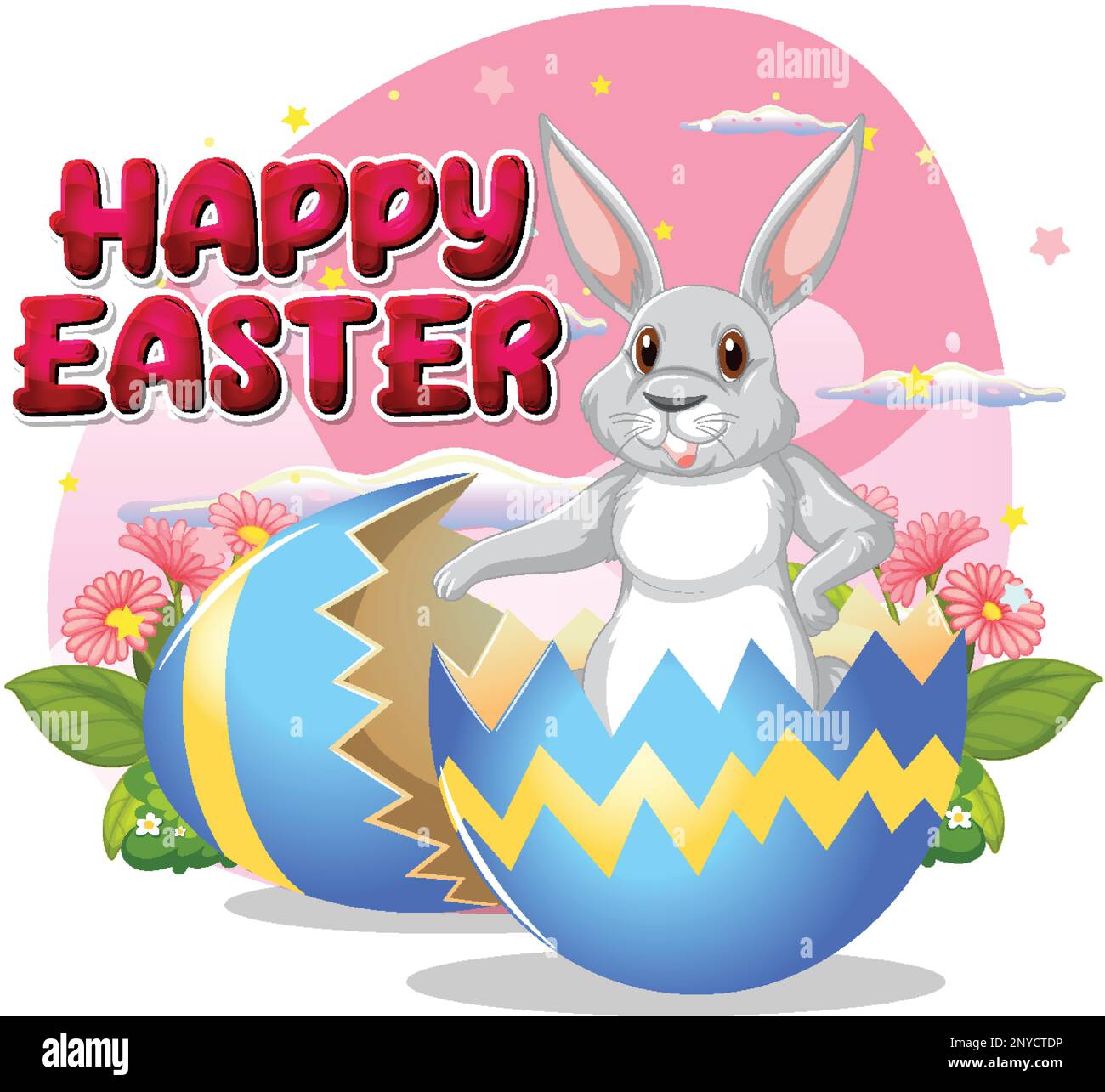 Happy Easter Poster with Cute Bunny and Colourful Egg illustration ...