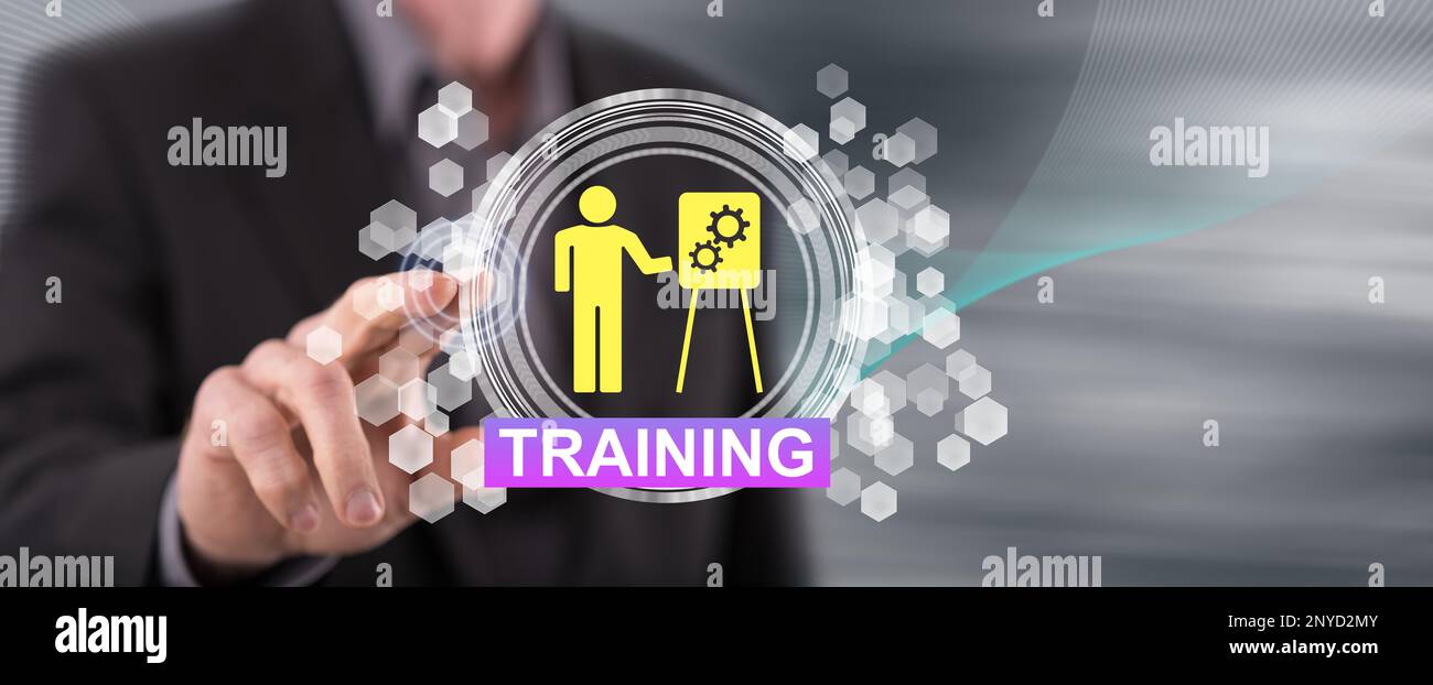 Man touching a training concept on a touch screen with his finger Stock ...