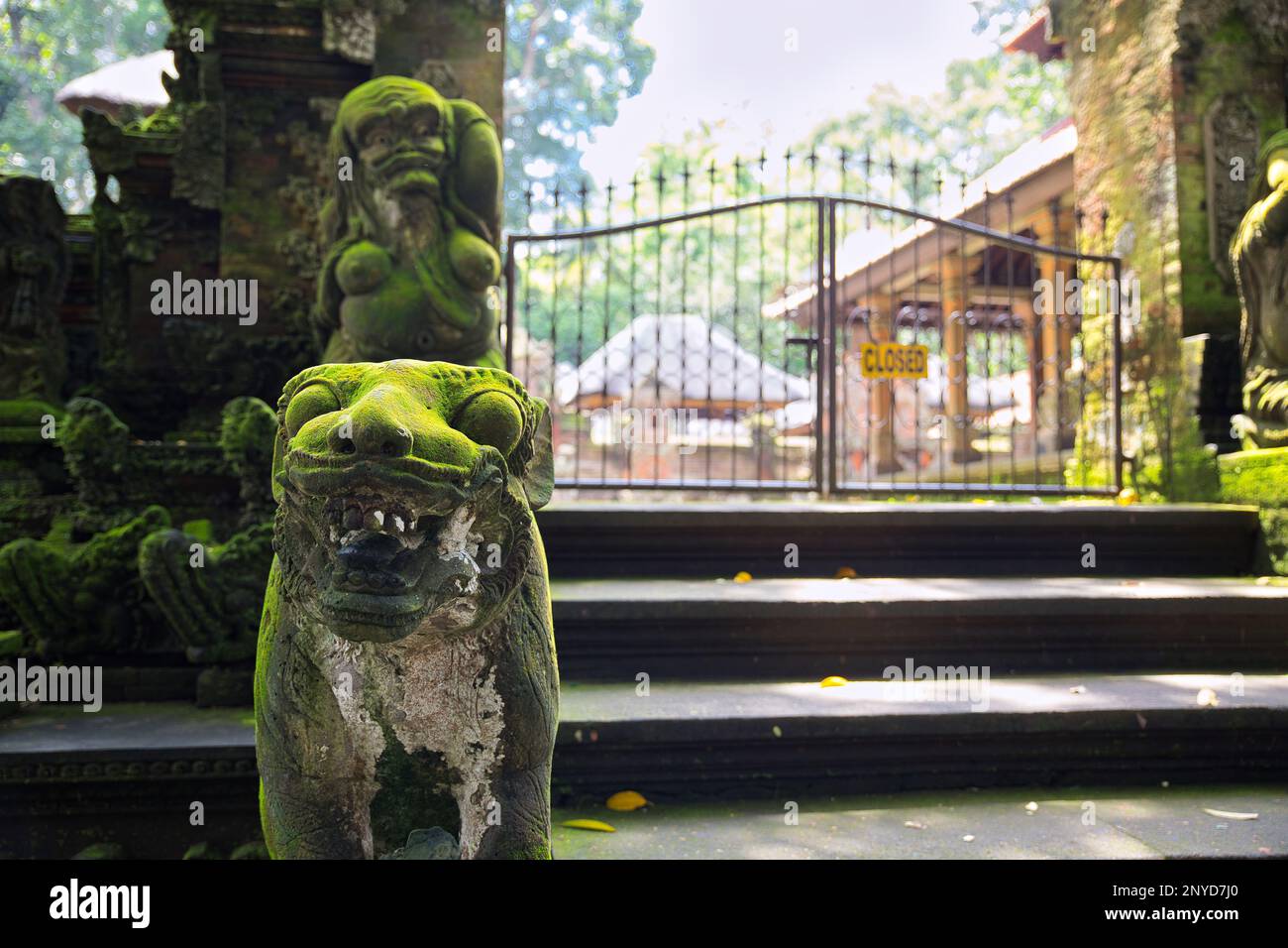 Close-up of a moss-covered mystical stone figure in focus, with another ...