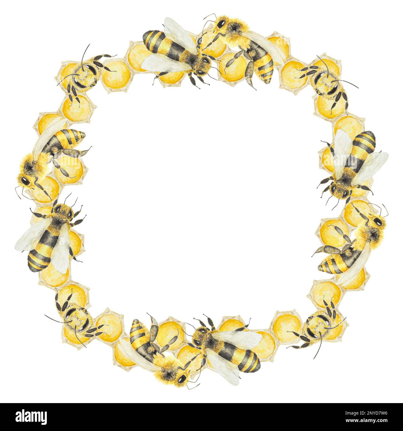 Watercolor hand drawn frame of bees and honey isolated on white ...