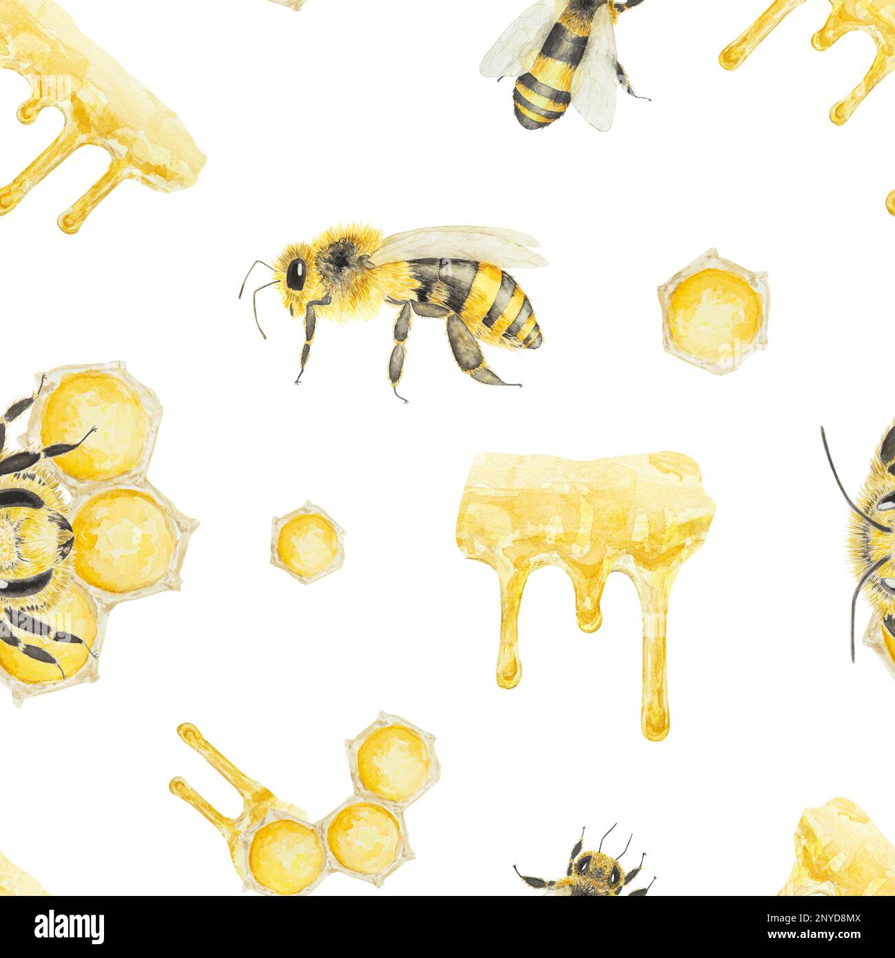Watercolor hand drawn pattern of bees and honey isolated on white ...