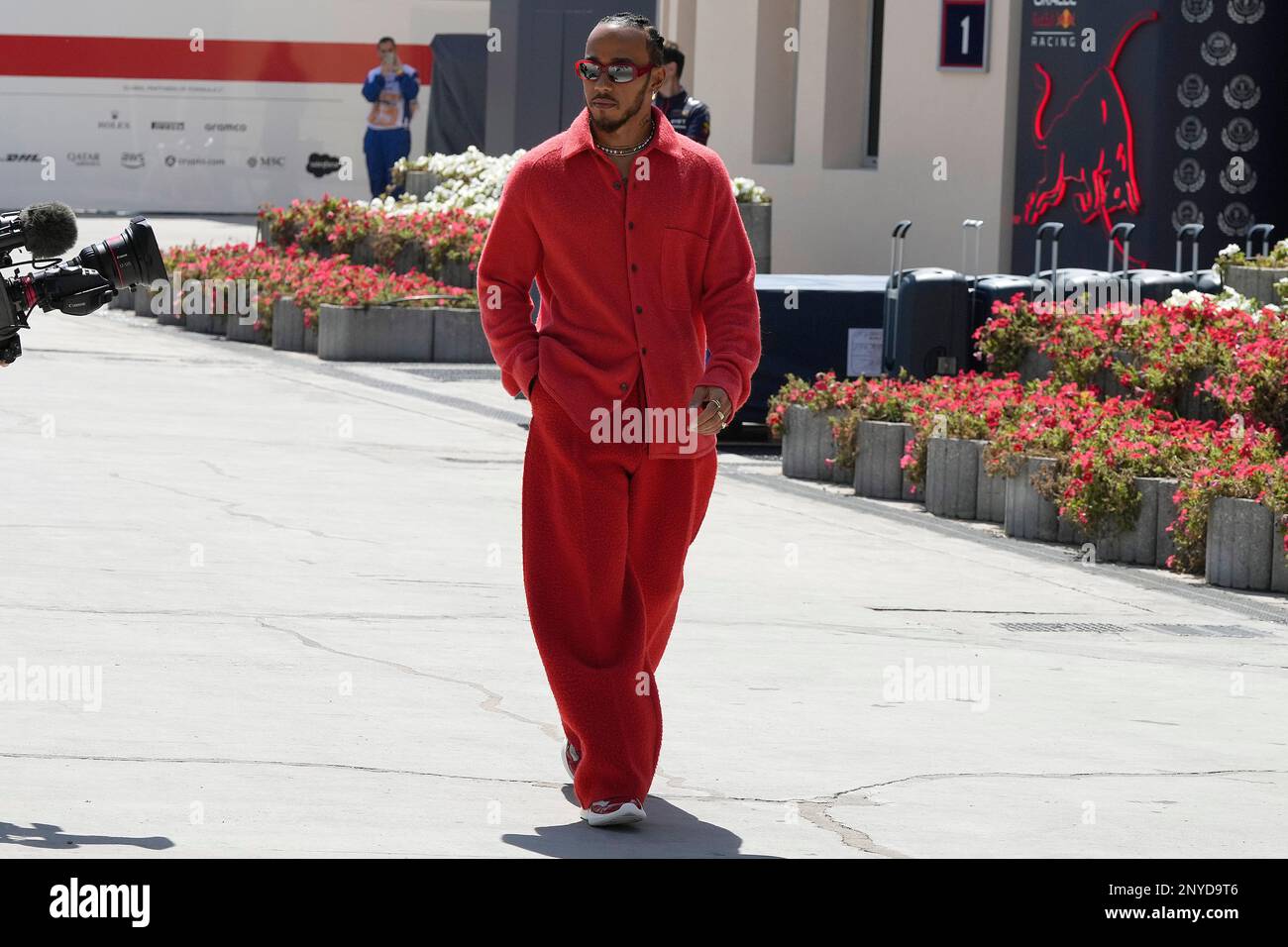 Mercedes driver Lewis Hamilton of Britain arrives at the Bahrain ...