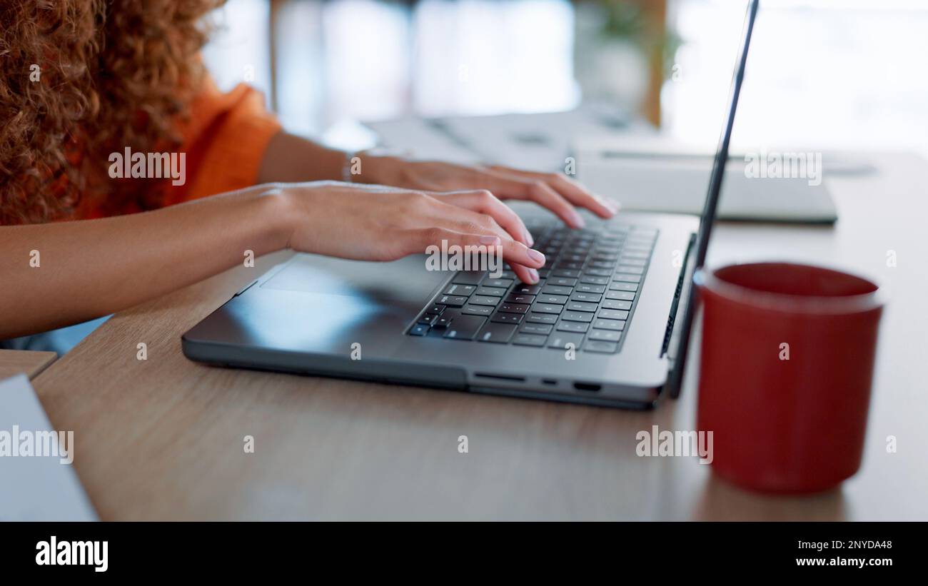 Corporate woman hands, laptop and typing email communication online ...