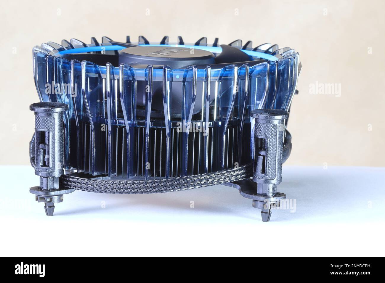 Close up New Intel Hight performance active CPU cooler with fan, copper ...