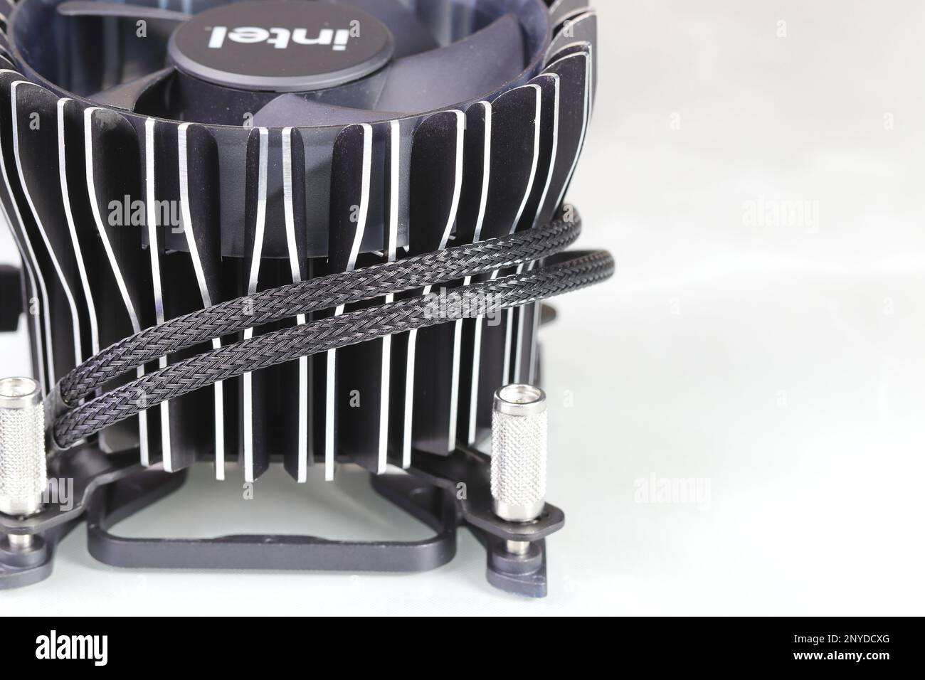 Close up New Intel Hight performance active CPU cooler with fan, copper ...
