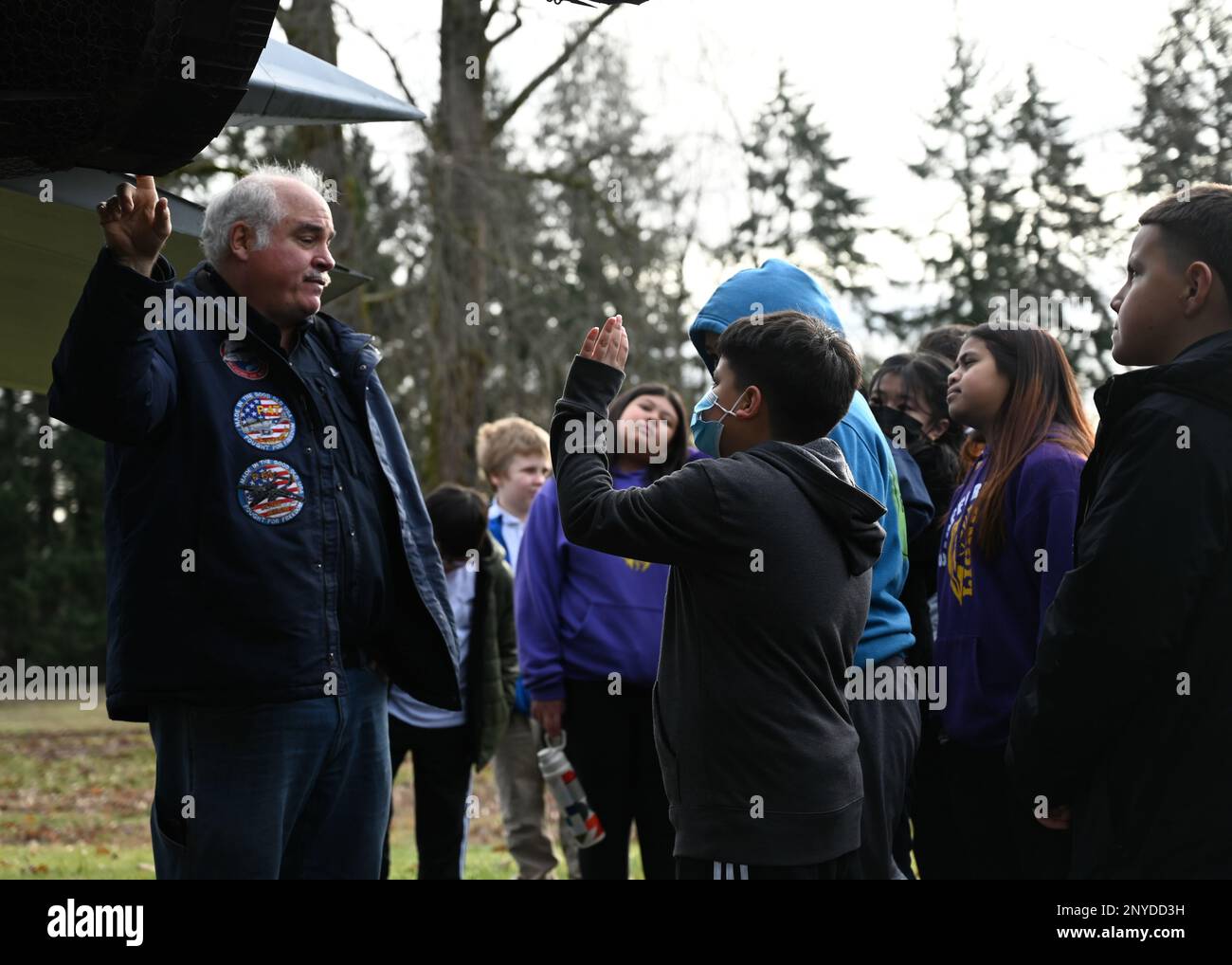 Shon Zawada, McChord Air Museum curator, briefs students from Stafford ...