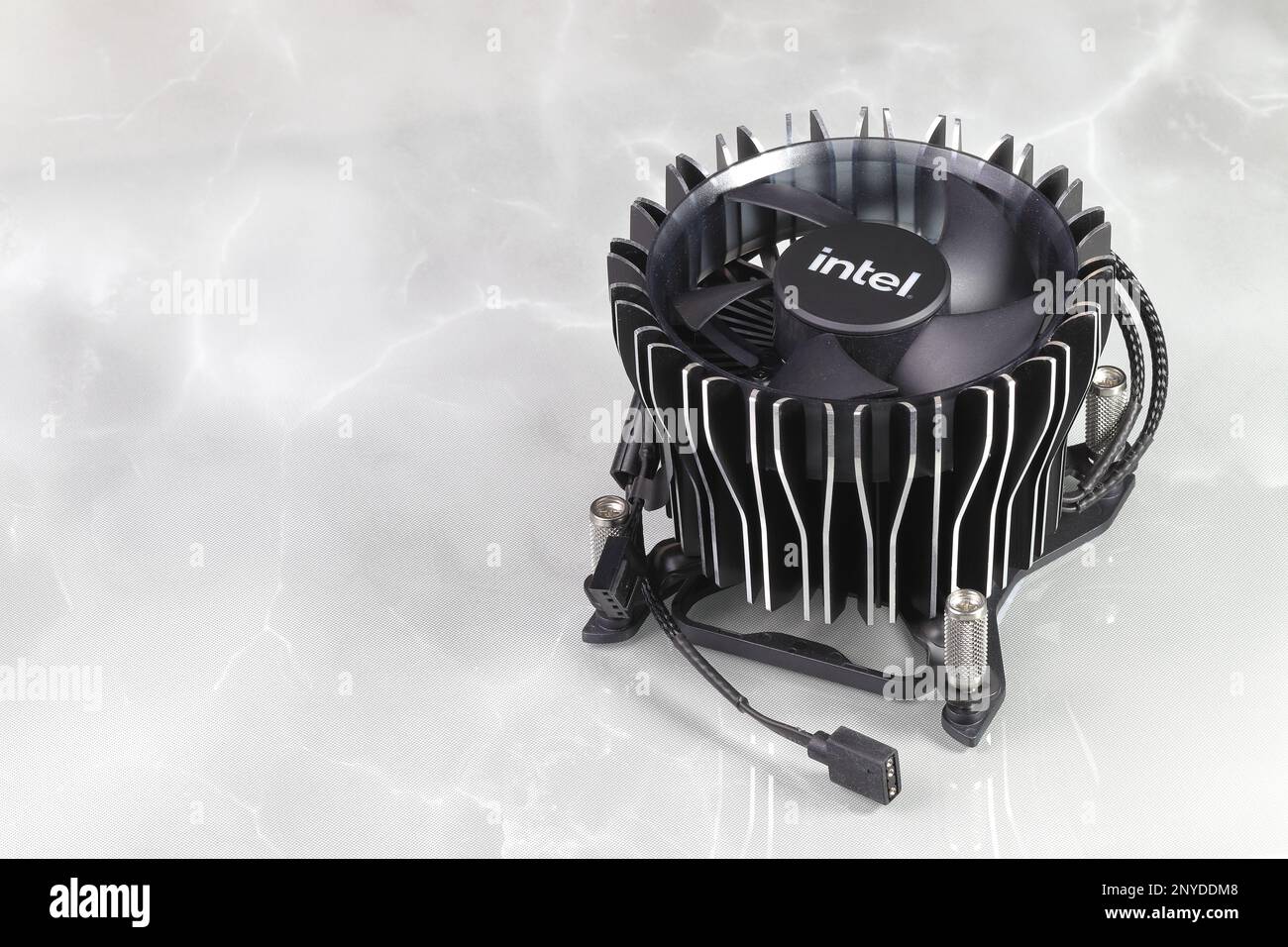 Close up New Intel Hight performance active CPU cooler with fan, copper ...