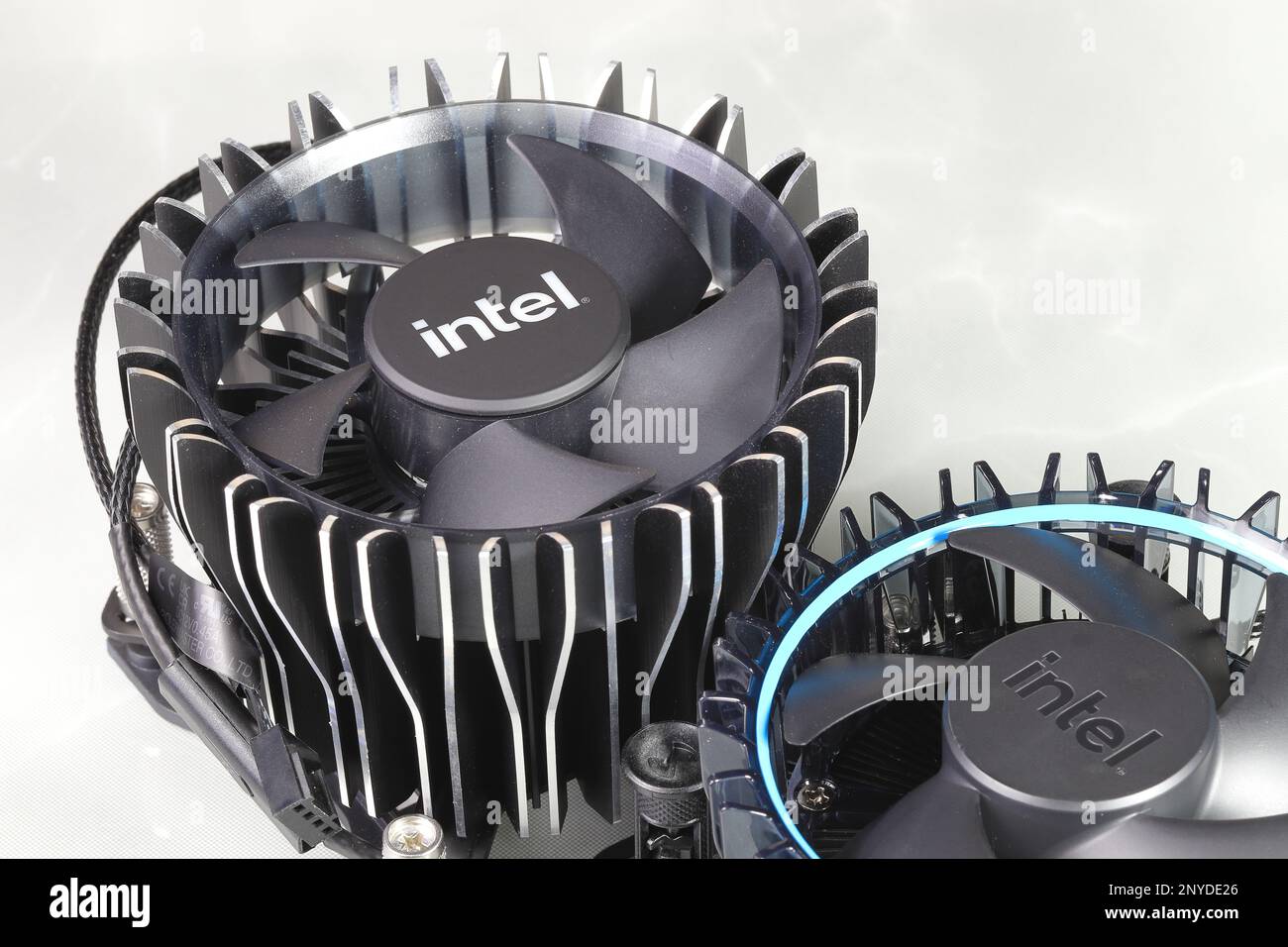 Close up New Intel Hight performance active CPU cooler with fan, copper ...