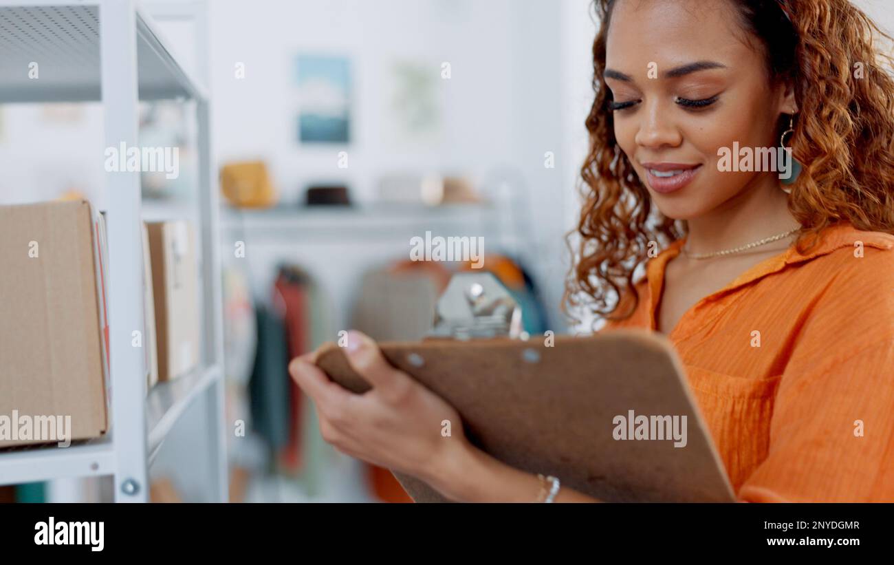 Stock take, inventory count and woman writing on clipboard tracking ...