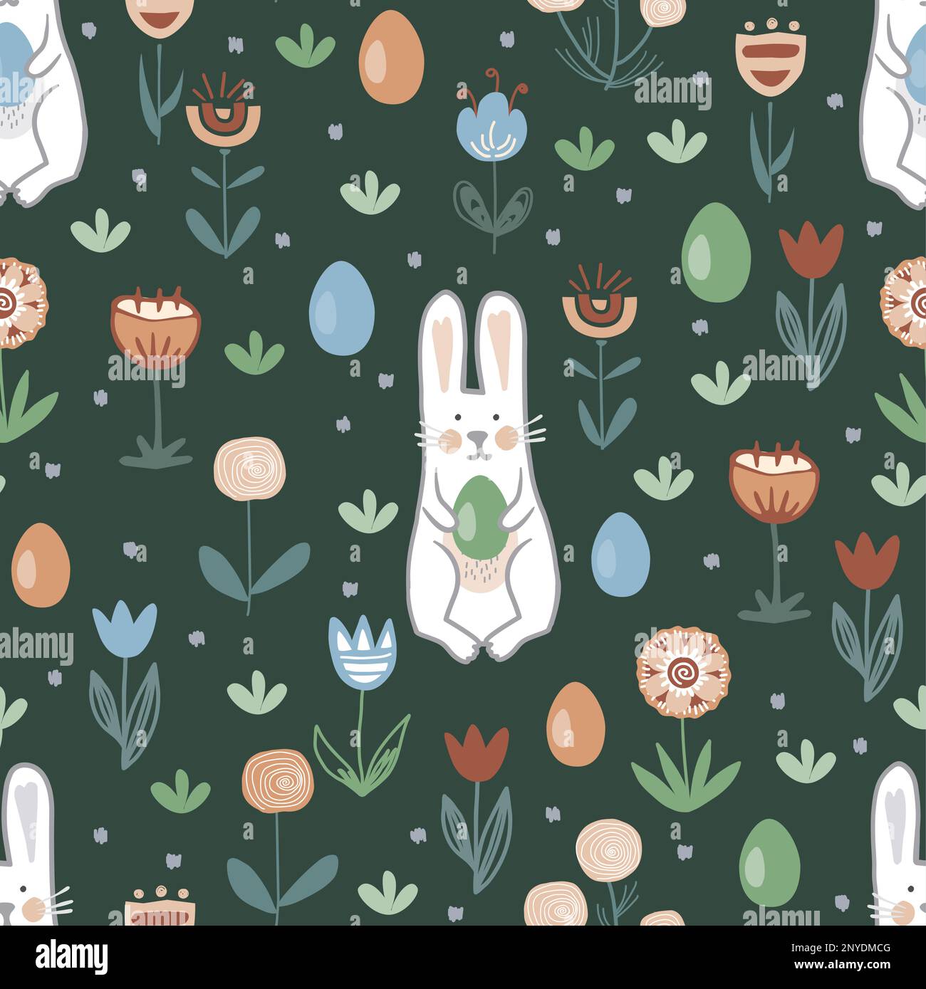 Hand drawn bunnies, Easter eggs and doodle flowers on dark green ...