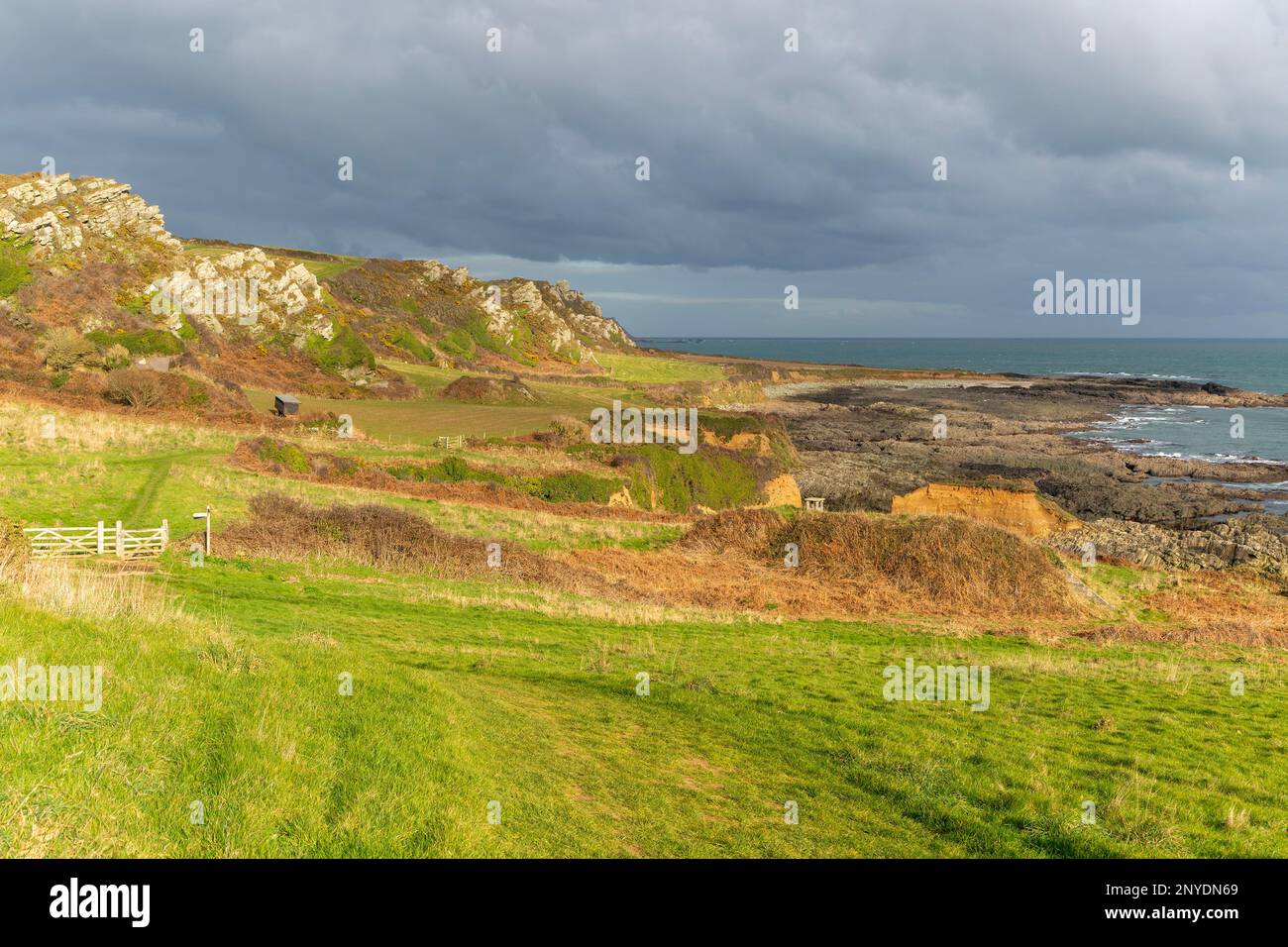 Coastal landscape with rocky foreshore, Prawle Point, Devon, England ...