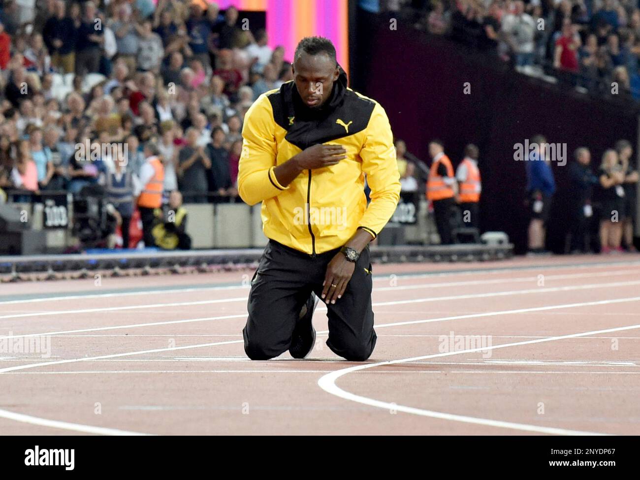 Jamaica's Usain Bolt falls down on the track during a retirement ...