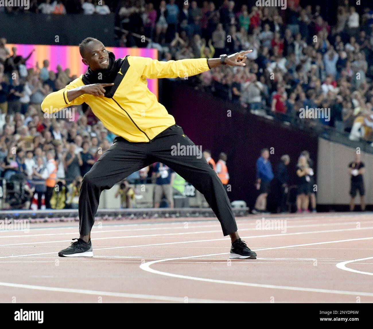 Jamaica's Usain Bolt strikes a pose during a retirement ceremony at ...