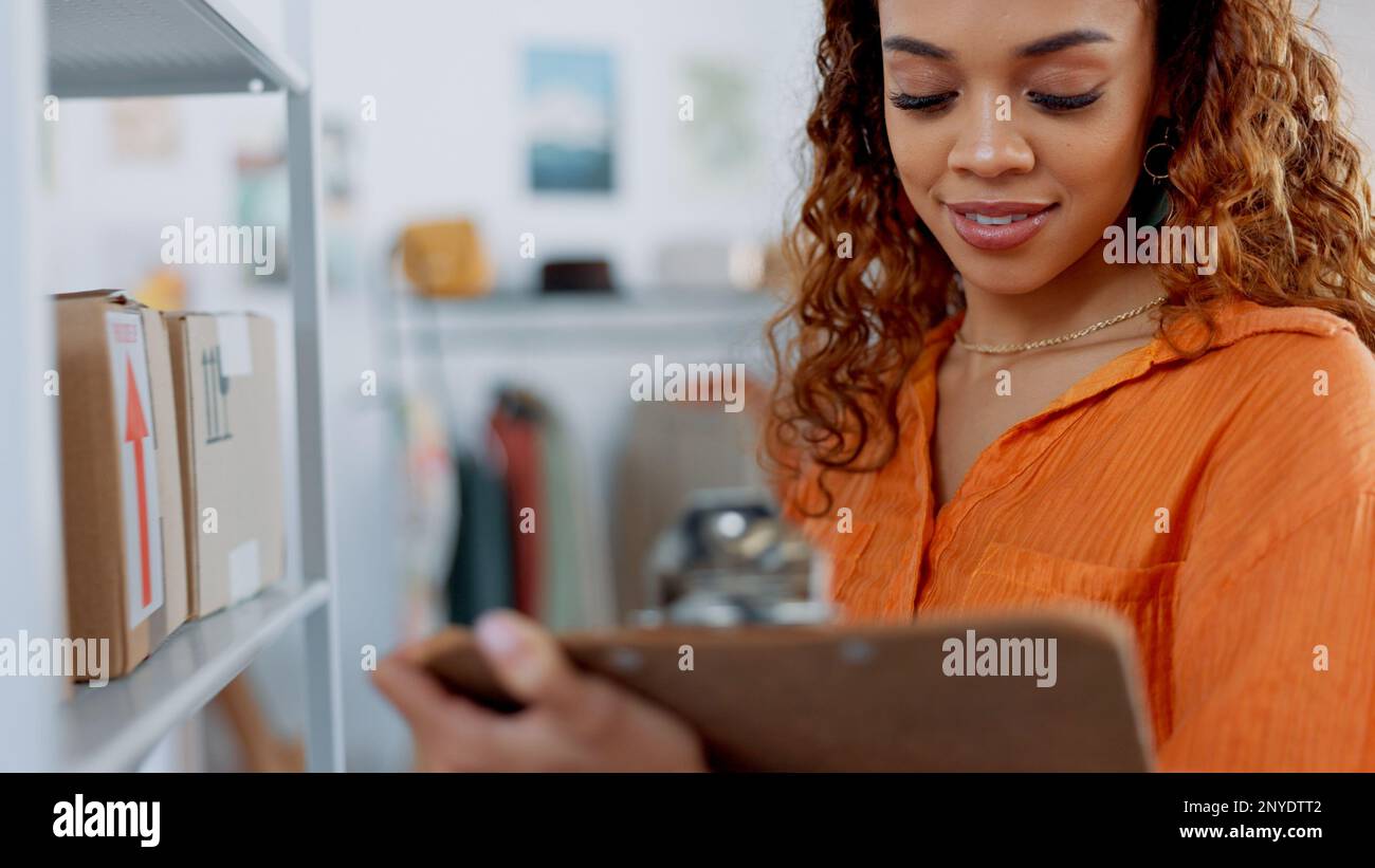 Stock take, inventory count and woman writing on clipboard tracking ...