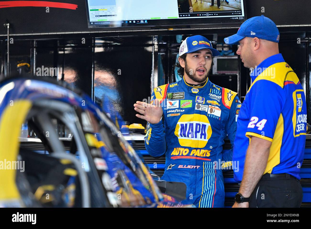 Chase Elliott (left) during practice for the Monster Energy NASCAR Cup ...