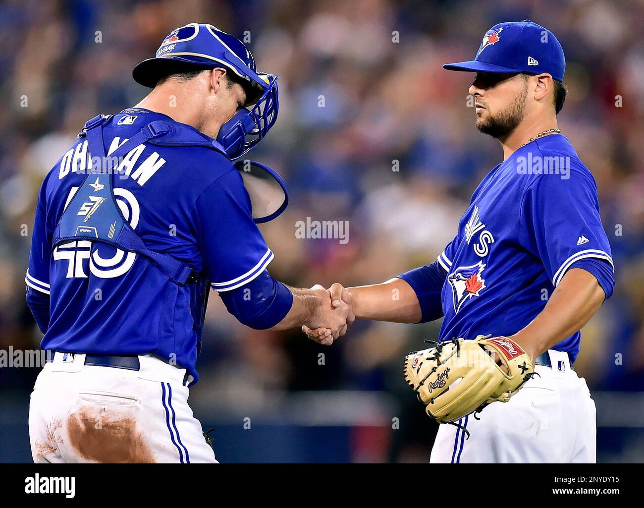 Toronto Blue Jays relief pitcher Leonel Campos (60) celebrates the team ...