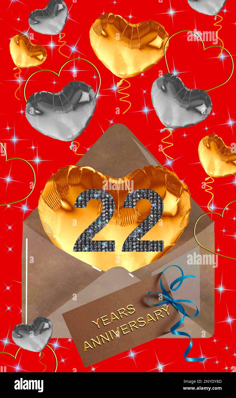 3d illustration, 22 anniversary. golden numbers on a festive background ...