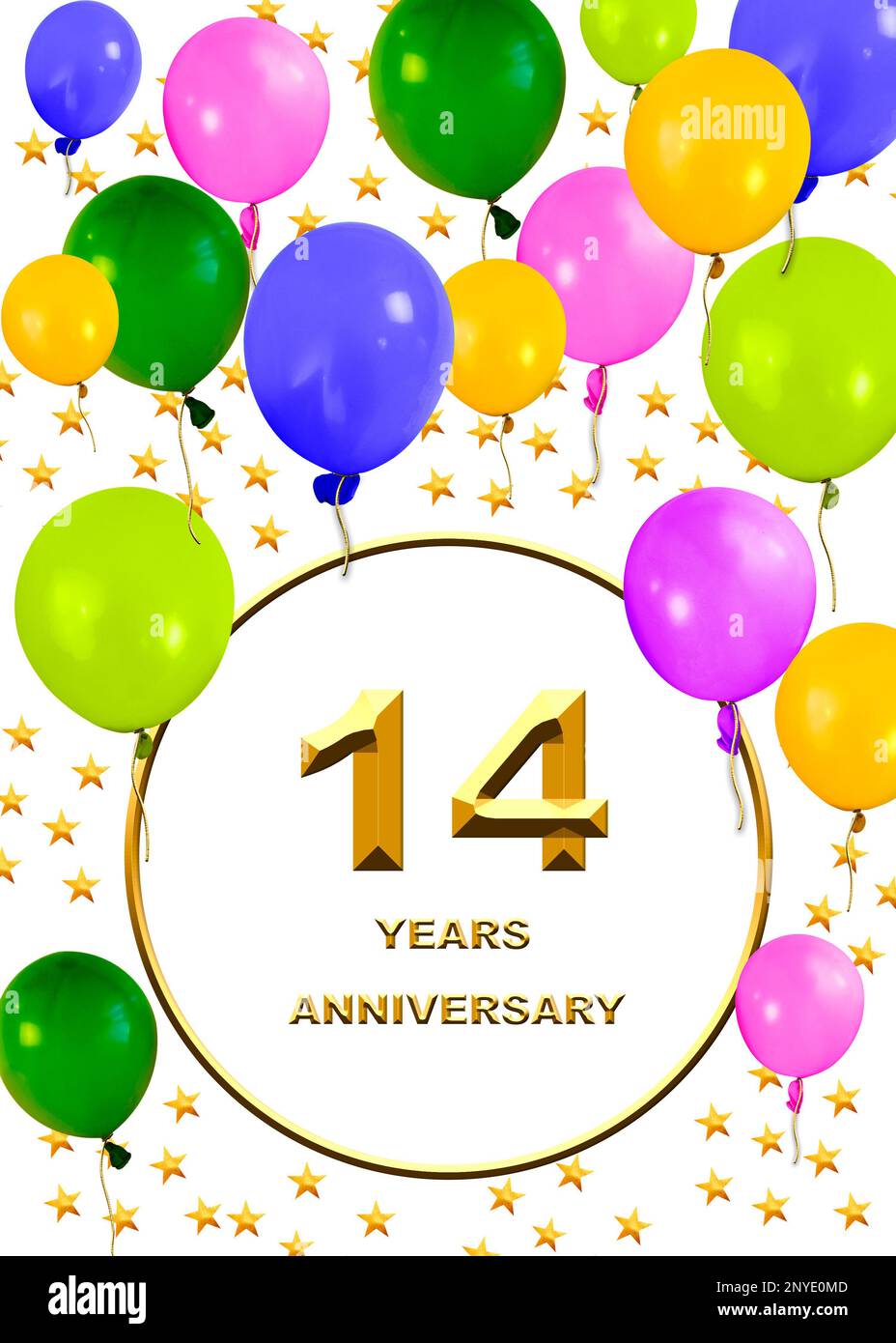 3d illustration of a 14 anniversary. golden numbers on a festive ...