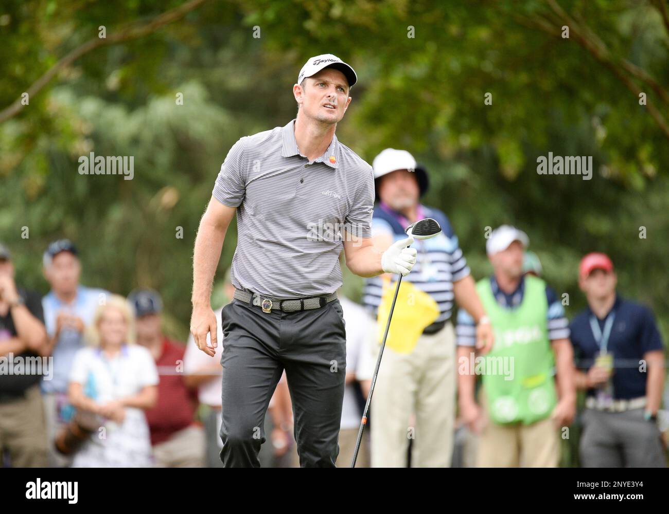 CHARLOTTE, NC - AUGUST 11: Justin Rose follows his tee shot on the 11th ...