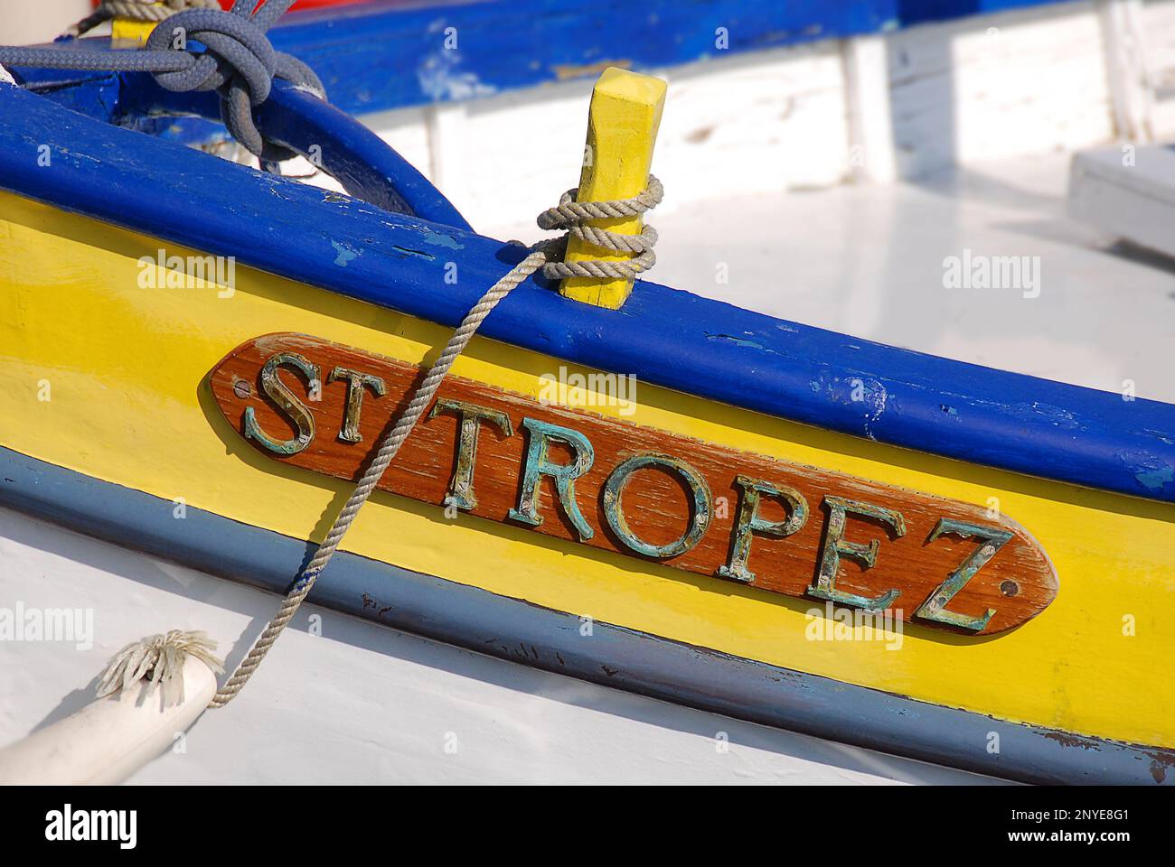 Saint-Tropez, writing in colorful letters on fishing boat Stock Photo ...
