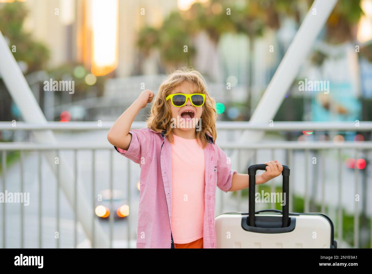 Excited tourist. Children travelling. Happy child tourist with travel ...