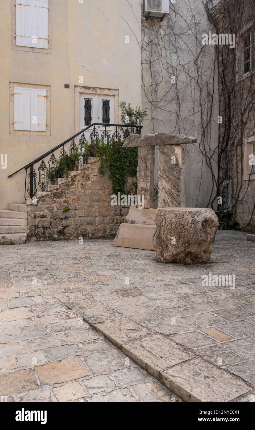 Ancient architecture in Poets Square in the old town of Budva ...