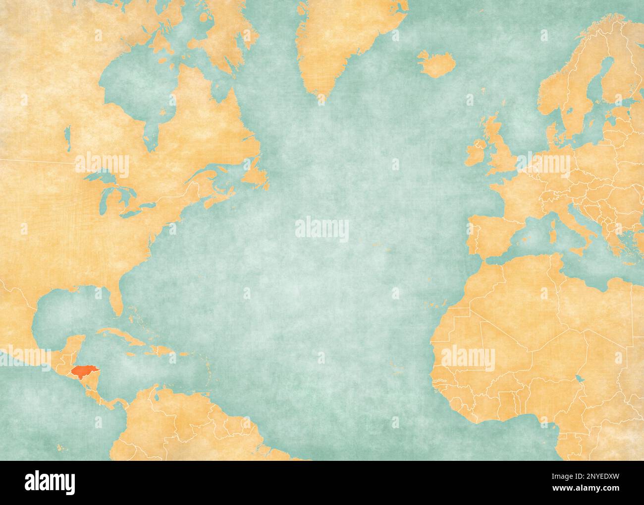 Honduras on the map of North Atlantic Ocean in soft grunge and vintage ...