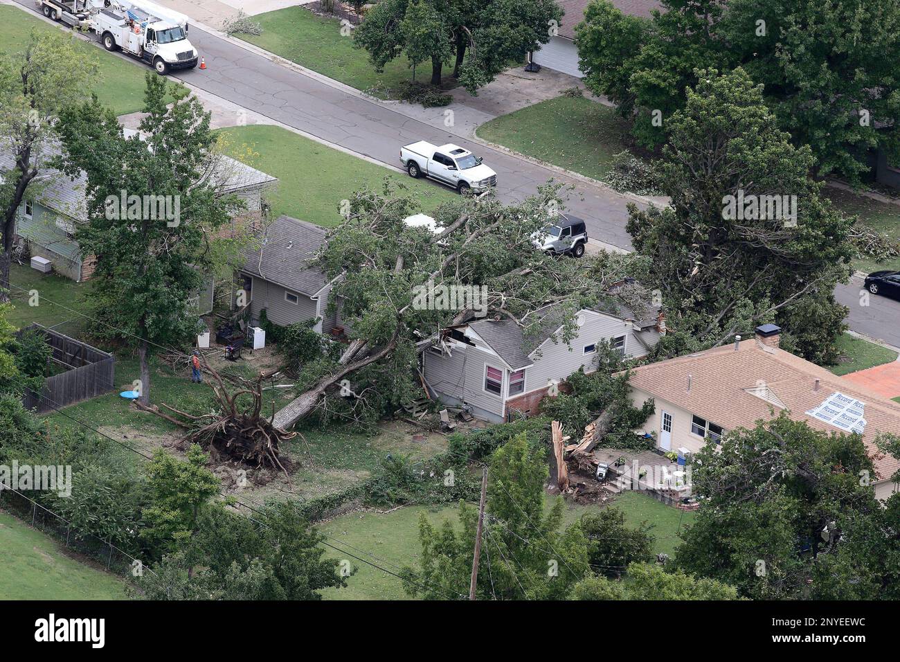 This aerial image shows damage, on Monday, Aug. 7, 2017, left by a ...
