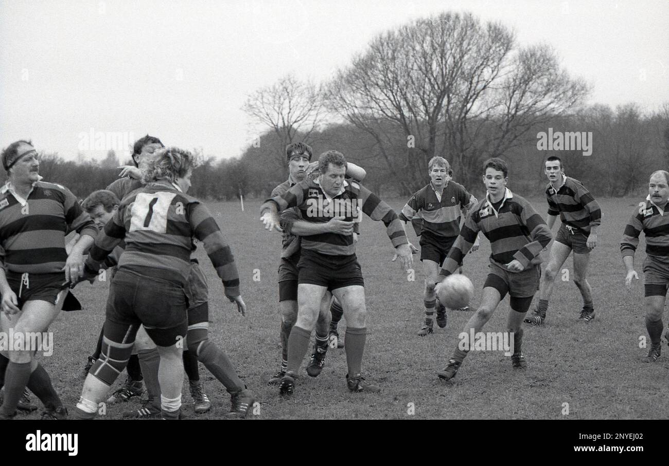1980s, historical, amateur rugby union, ball loose, knocked into space ...