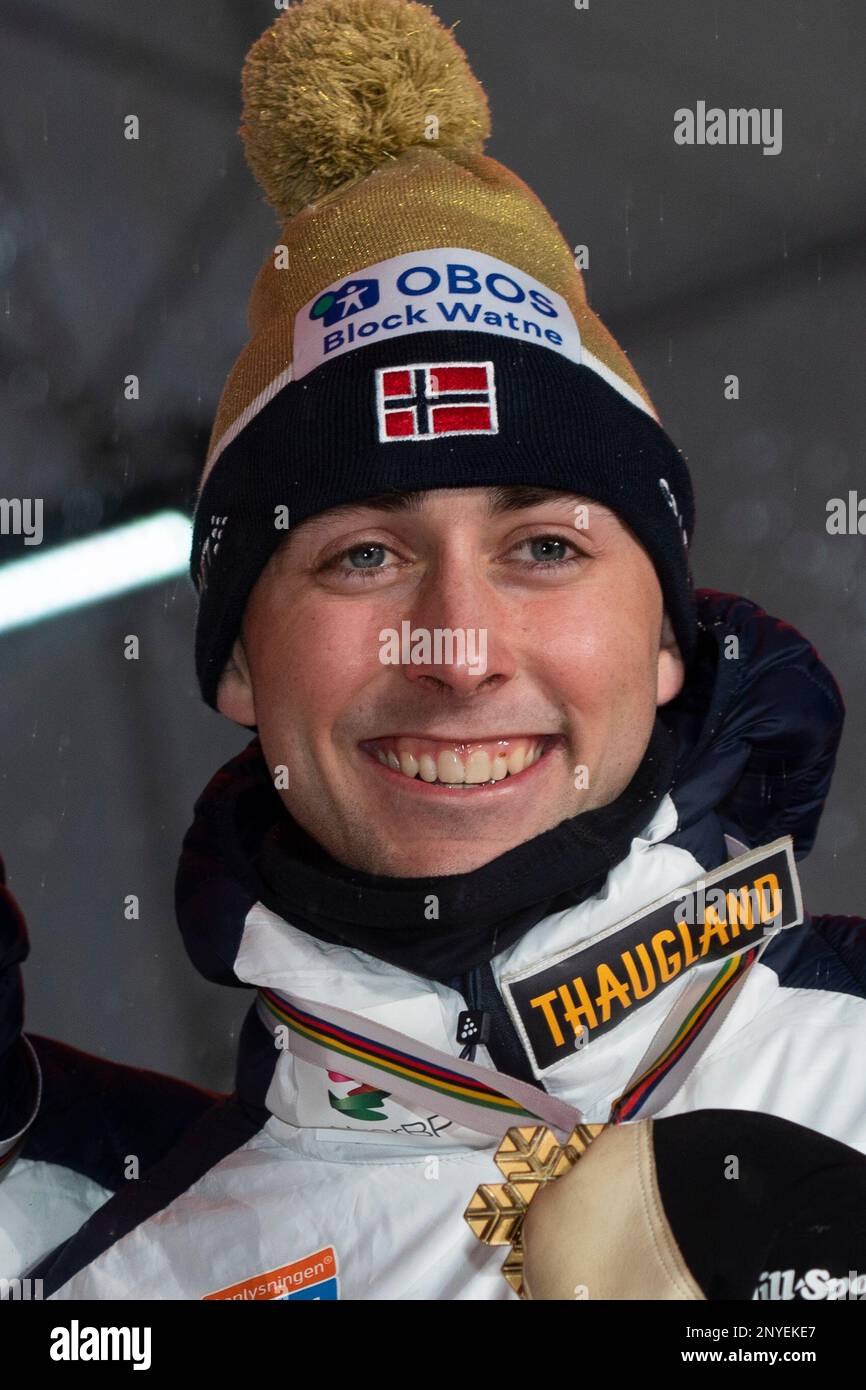 Kranjska Gora, Slovenia 20230301.Jarl Magnus Riiber with a gold medal ...