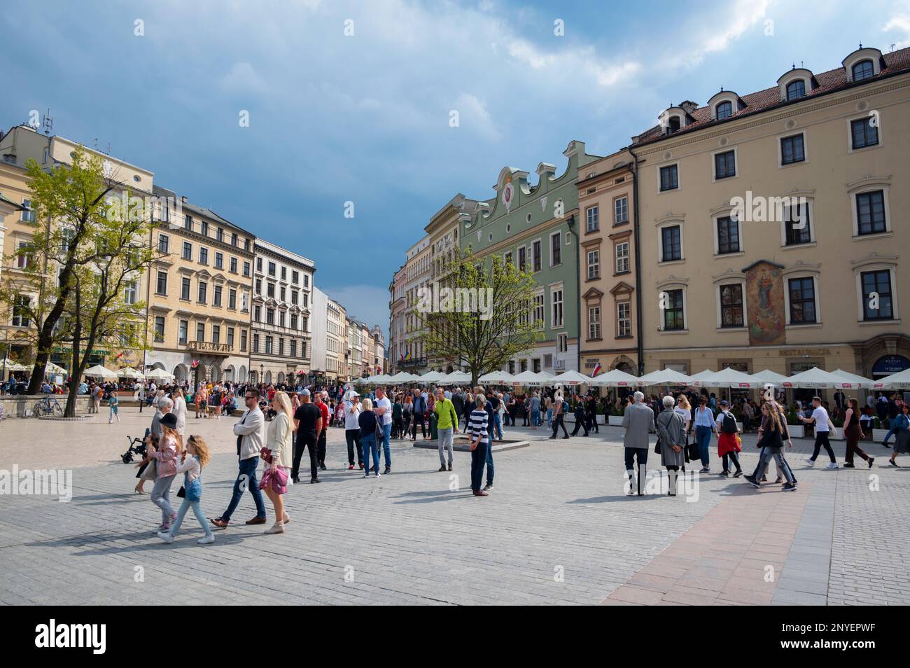 View of Rynek Glowny ,the main market square with historical buildings ...